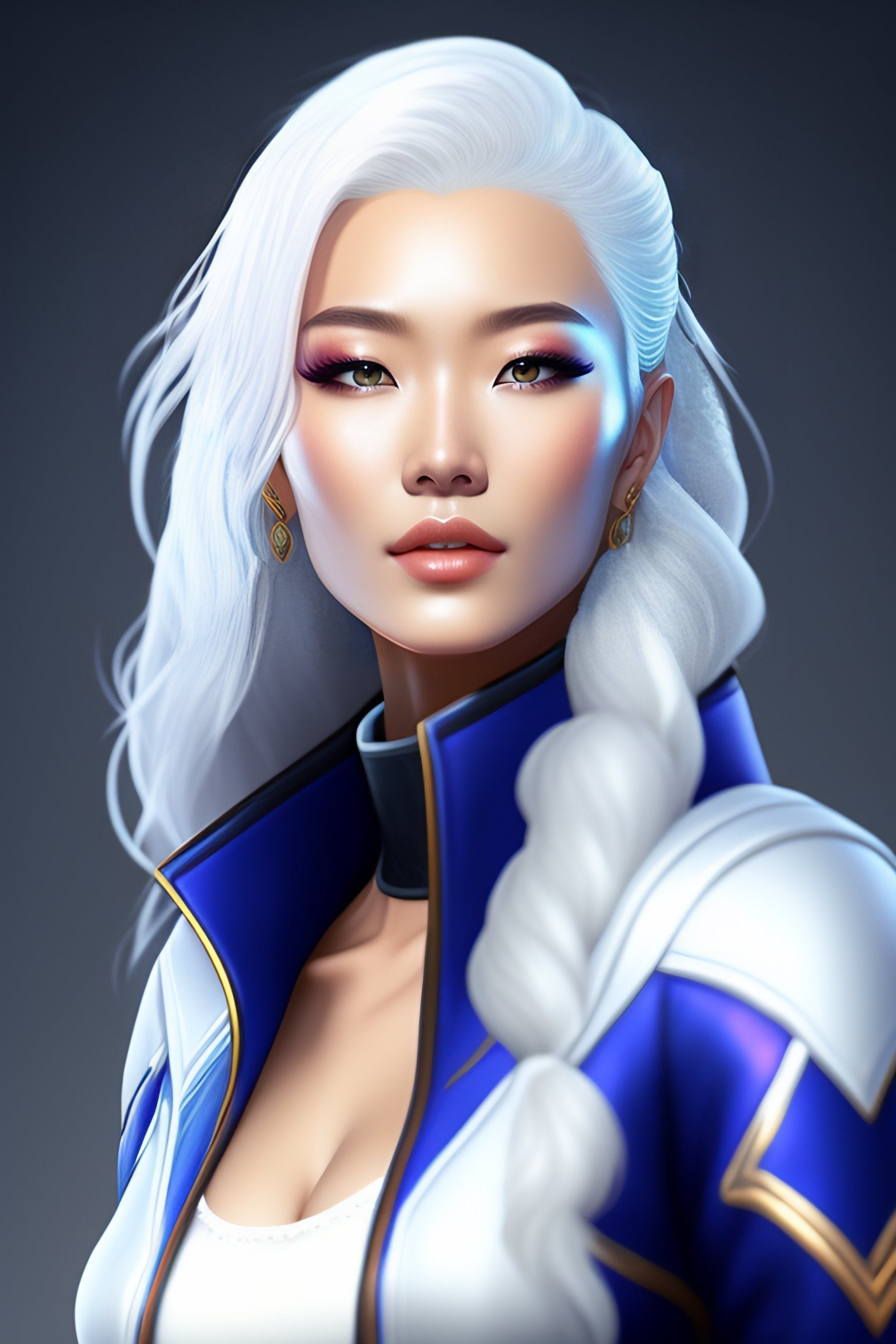 Lexica - White hair woman blue jacket Korean in the style of world of ...