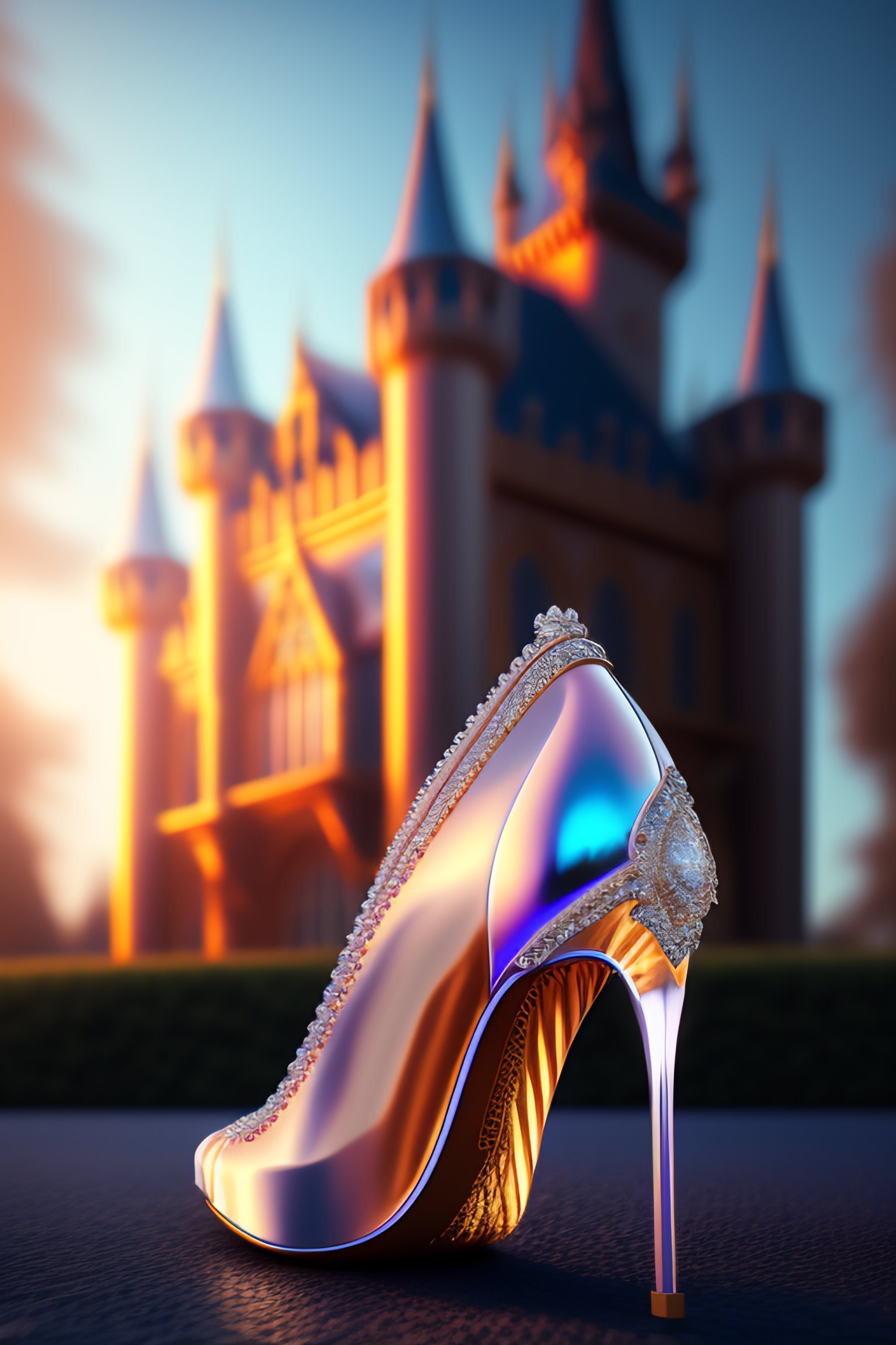 Lexica - Shiny clear high heel shoe in front of a castle, dark fantasy ...