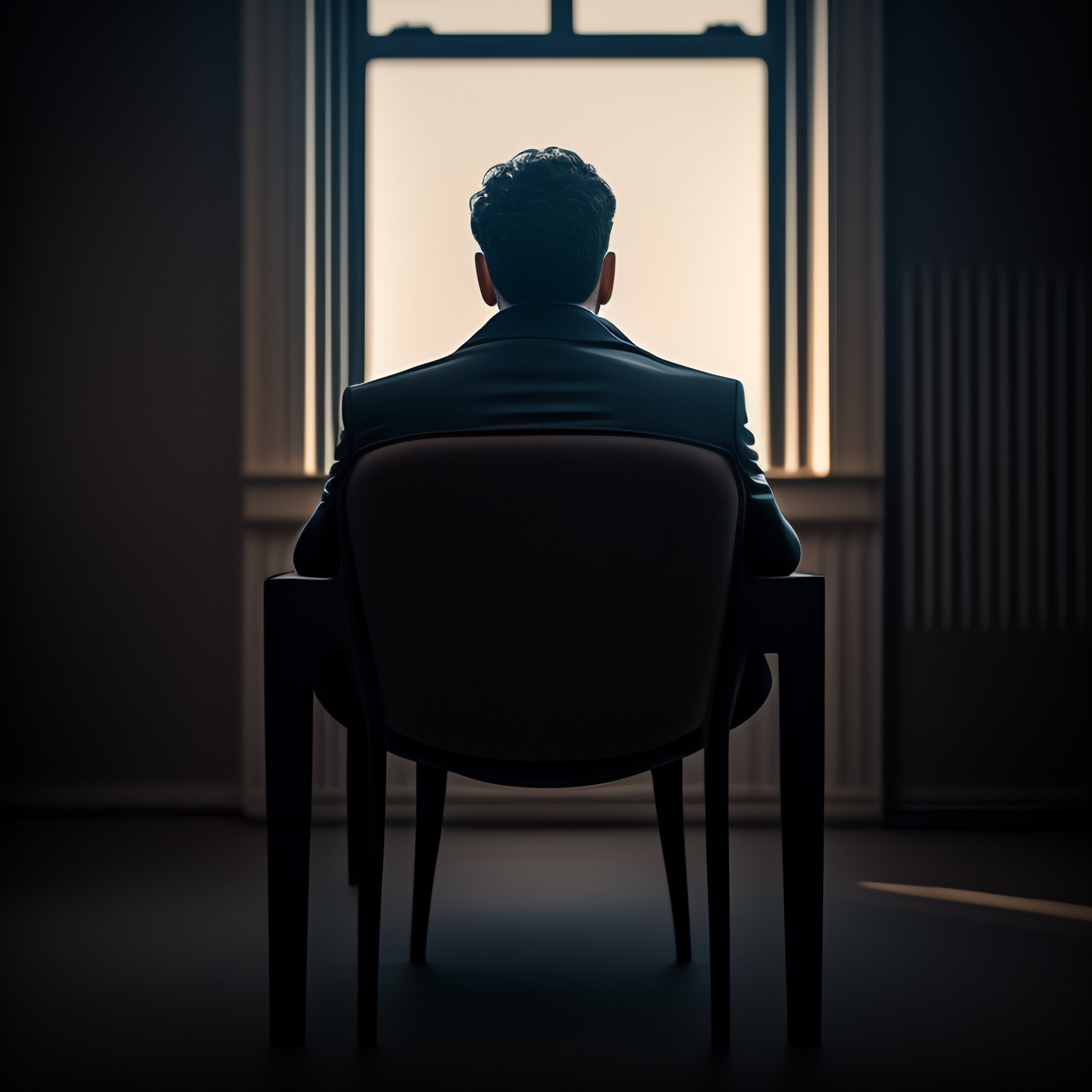 Lexica - A foreground of a man sitting on a chair with pitch-black background