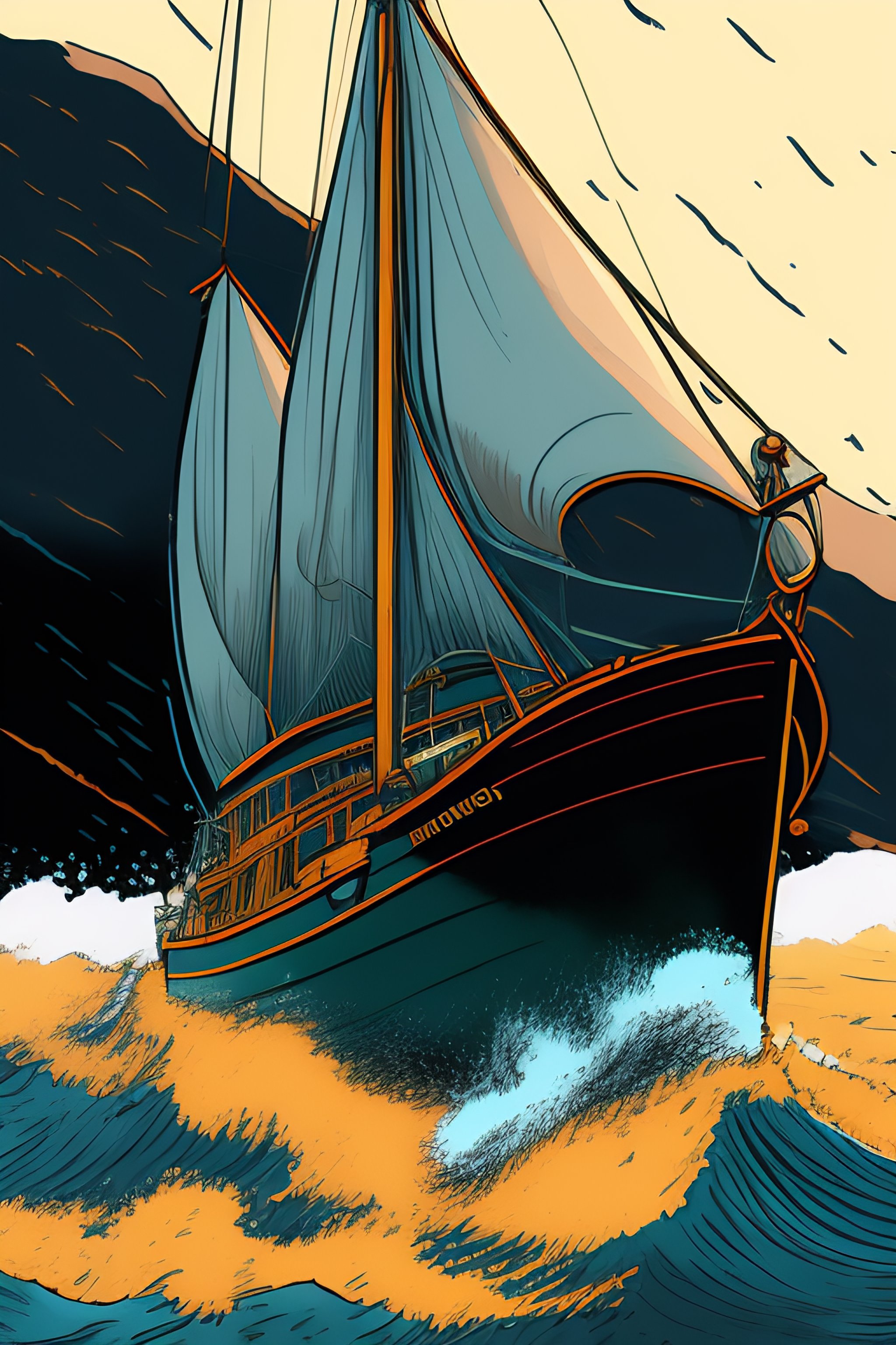 Lexica - Broken old boat in big storm, illustrated by hergé, style of tin tin comics, pen and ink