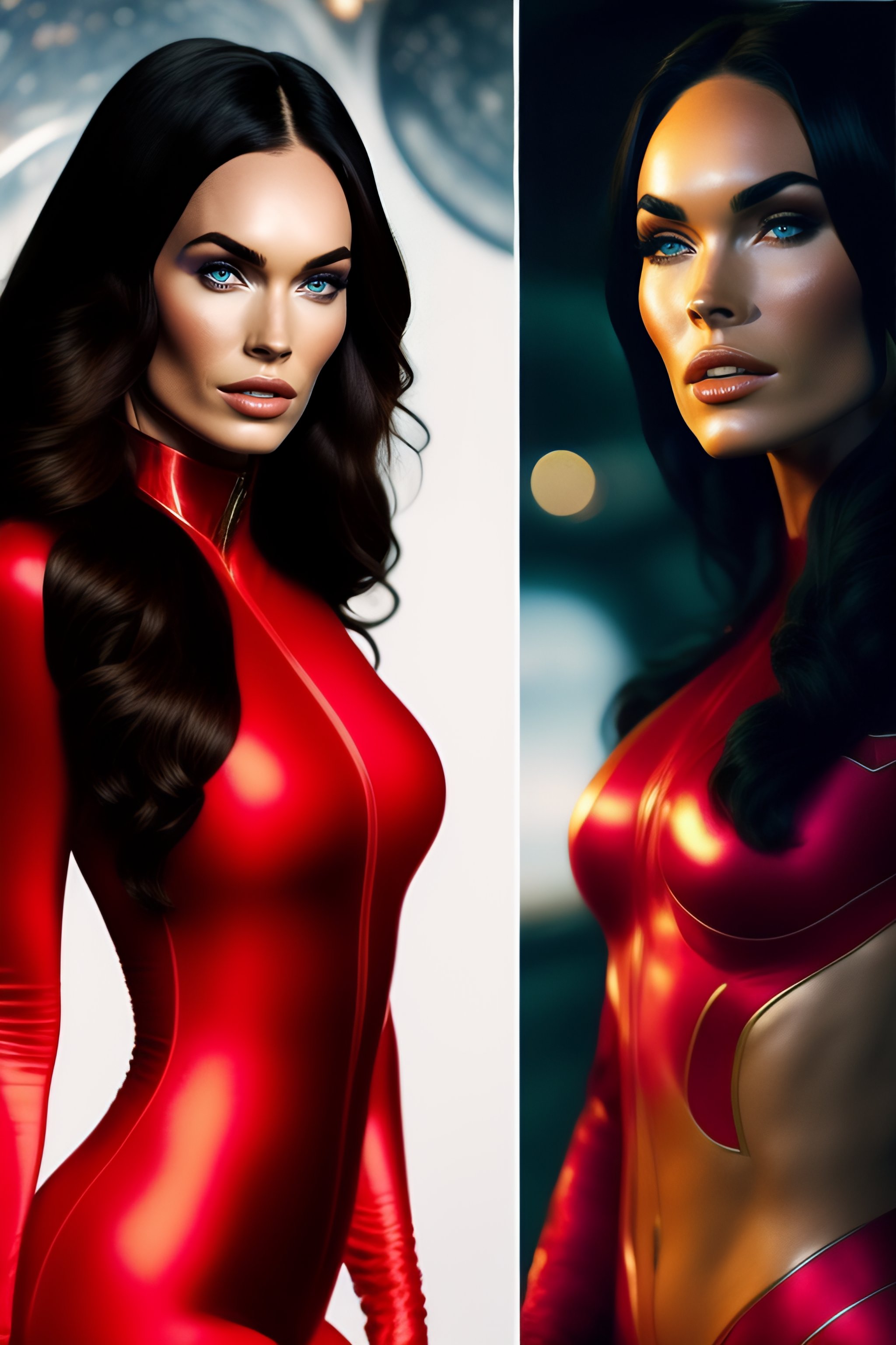 Lexica - Megan Fox as startrek captain in red blue catsuit