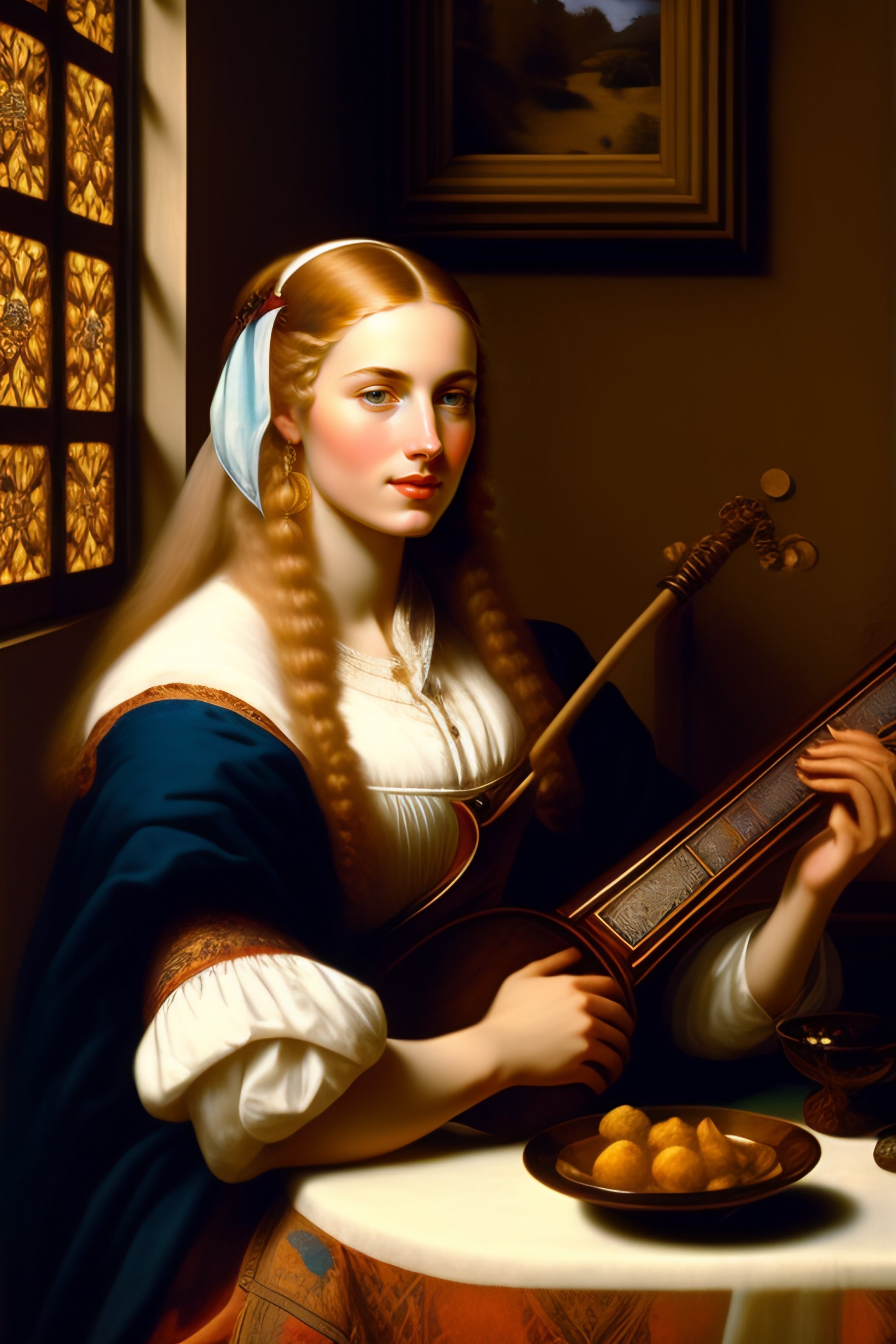 Lexica - Young lady playing lute, blond hair, window on her right ...