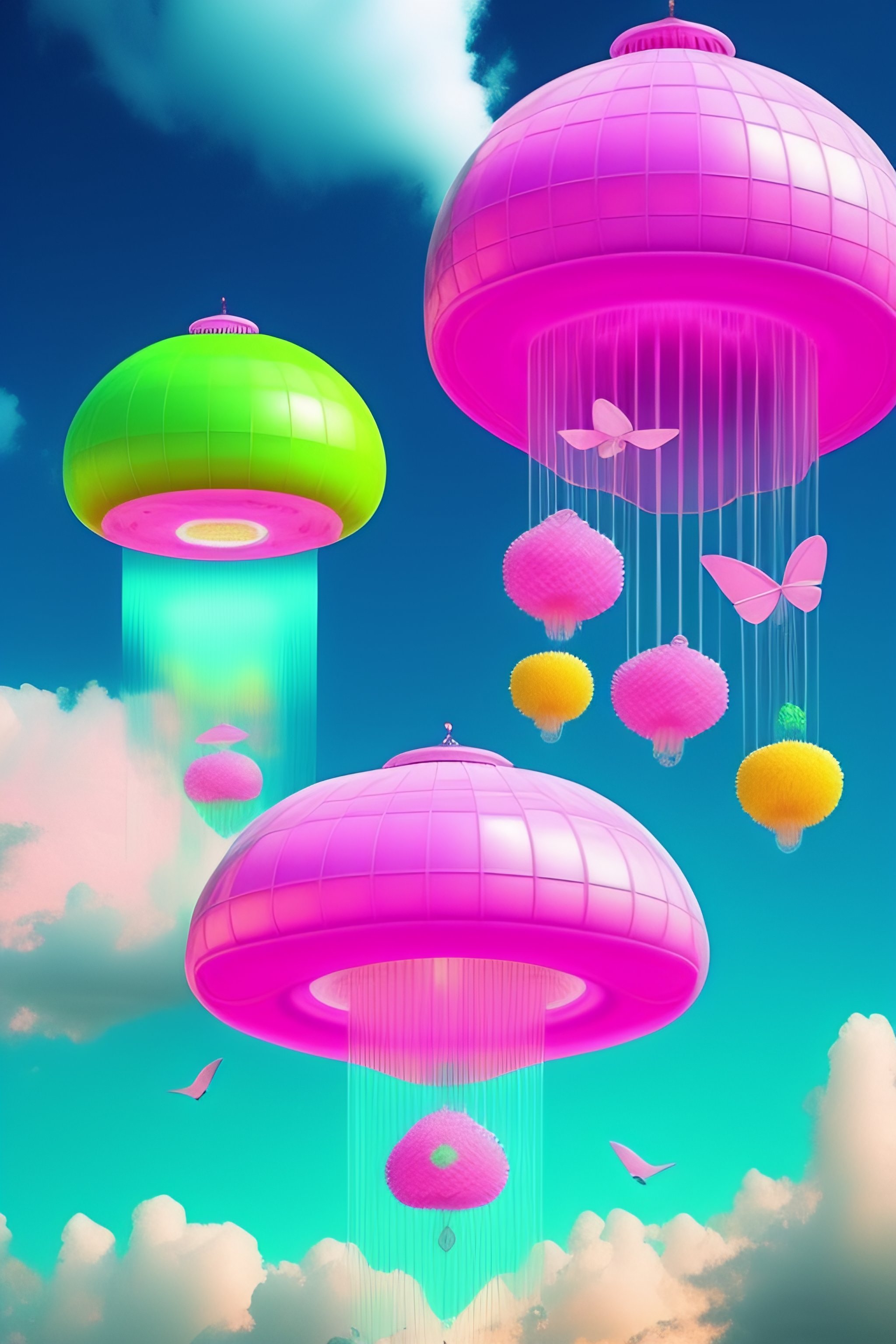 Lexica - Winged pigs flying between jellyfish and pink clouds ...