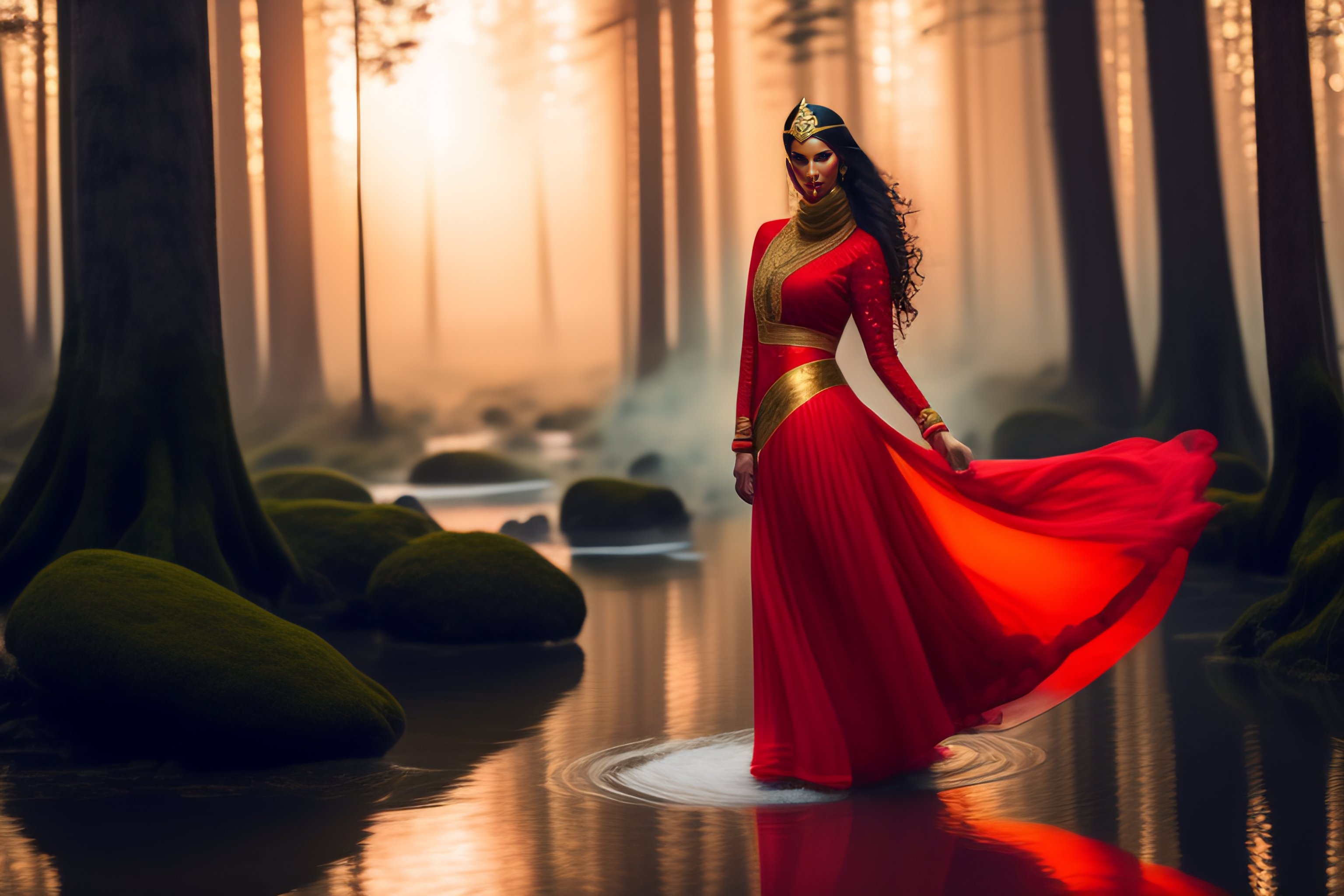 Lexica - Beautiful arabian woman wearing red and gold dress and black ...