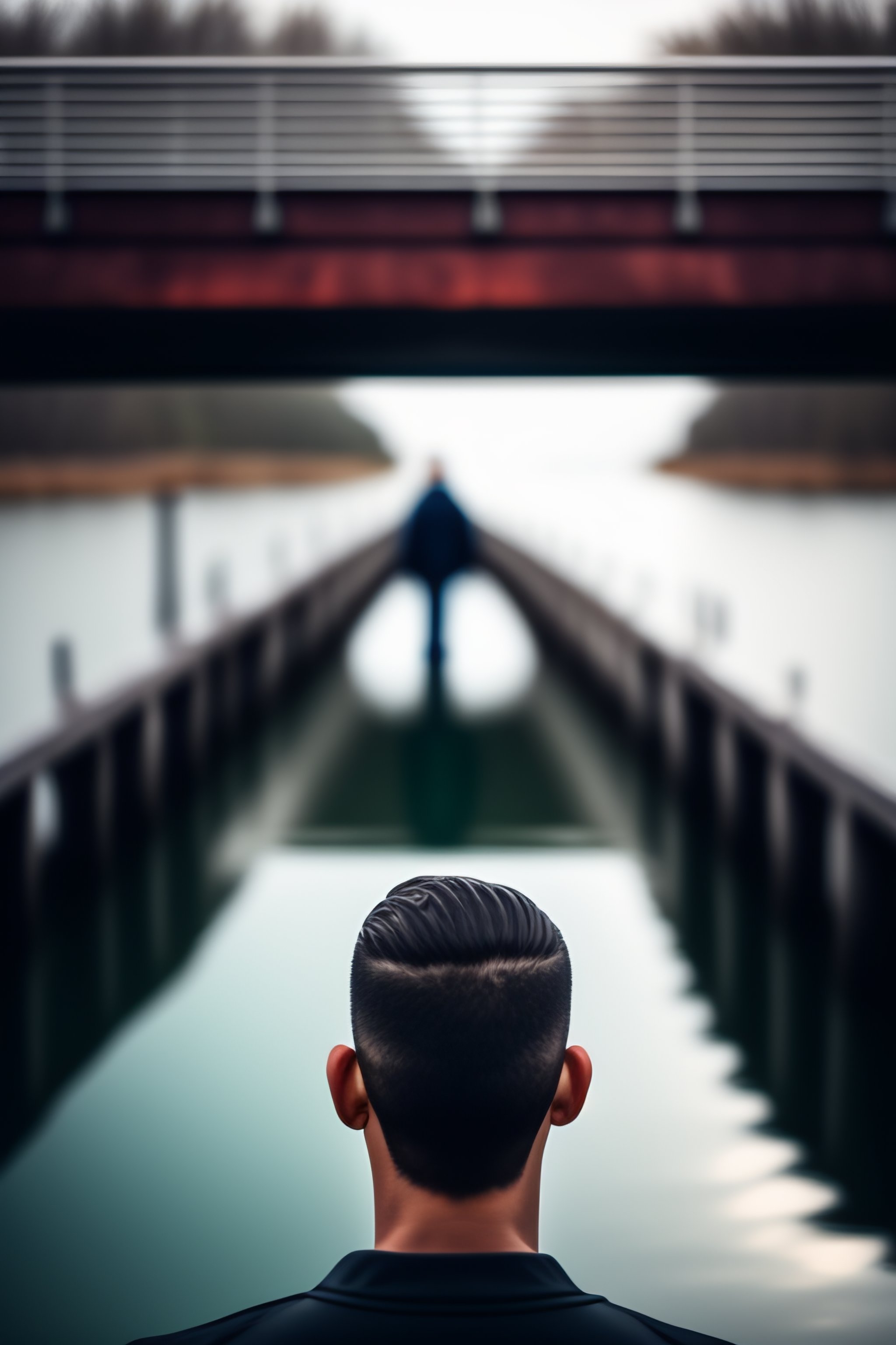 Lexica - Close up back of head shot of a man facing the water on a bridge