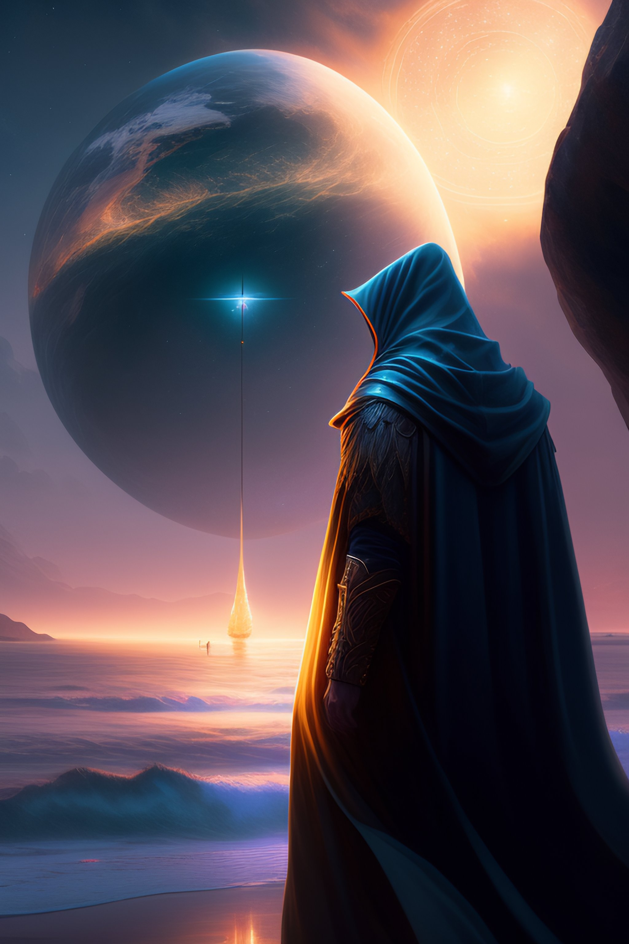 Lexica - A pointed hooded cloak wizard looking at an orrery dimensional ...