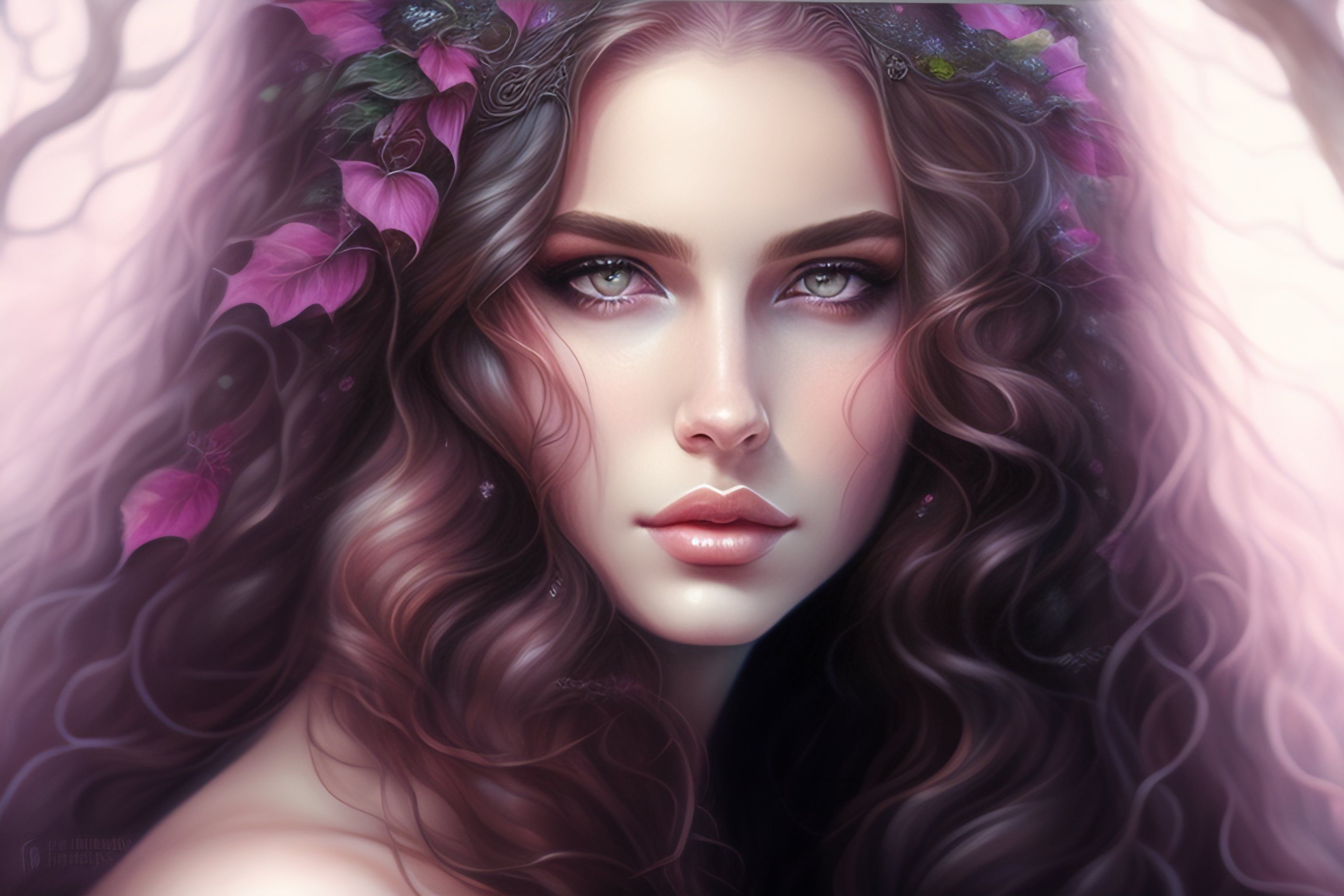 Lexica - Portrait of stunning gothic woman, long light pink curly hair ...