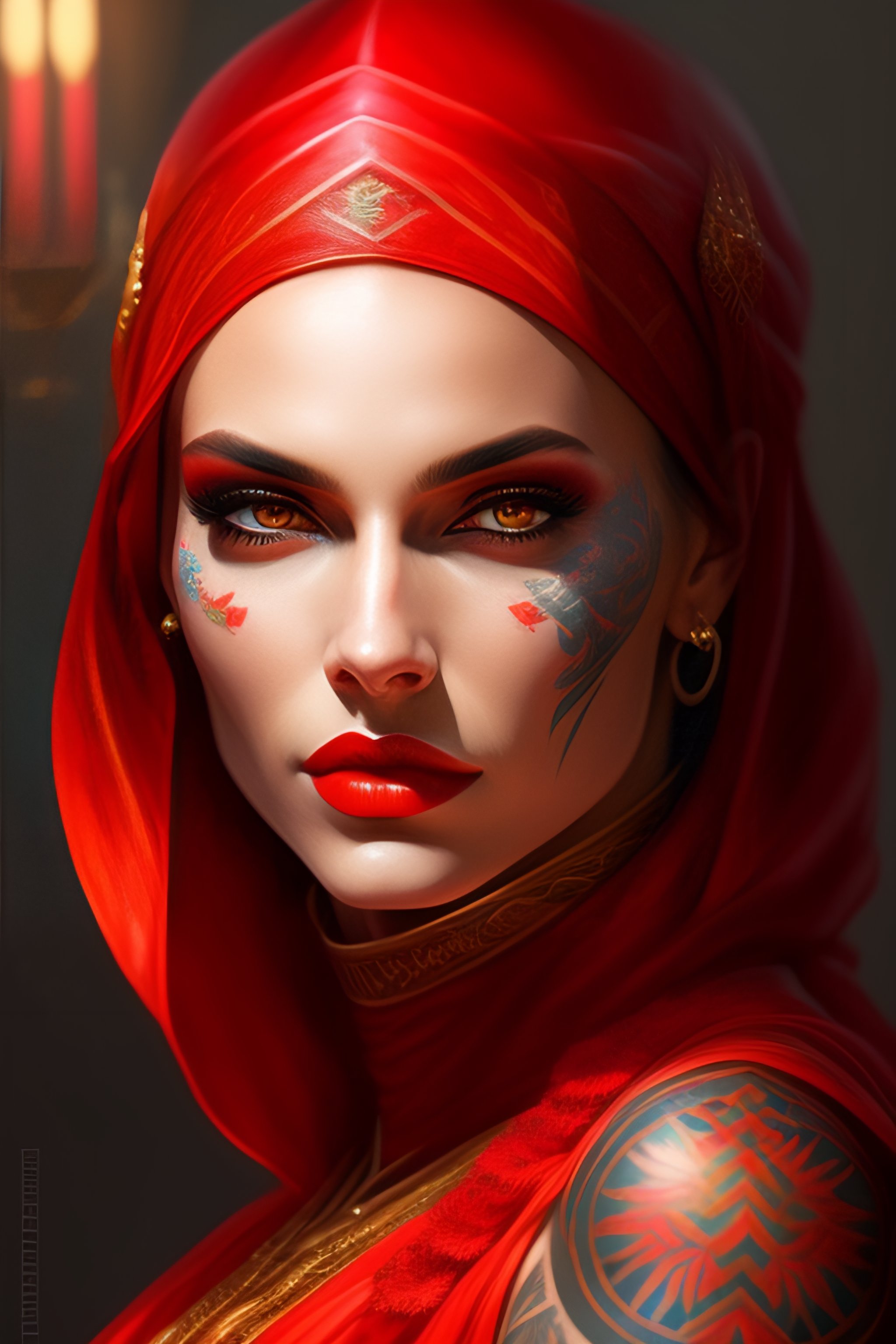 Lexica - Woman with bald tattooed head, red clothing, wizard, mage ...