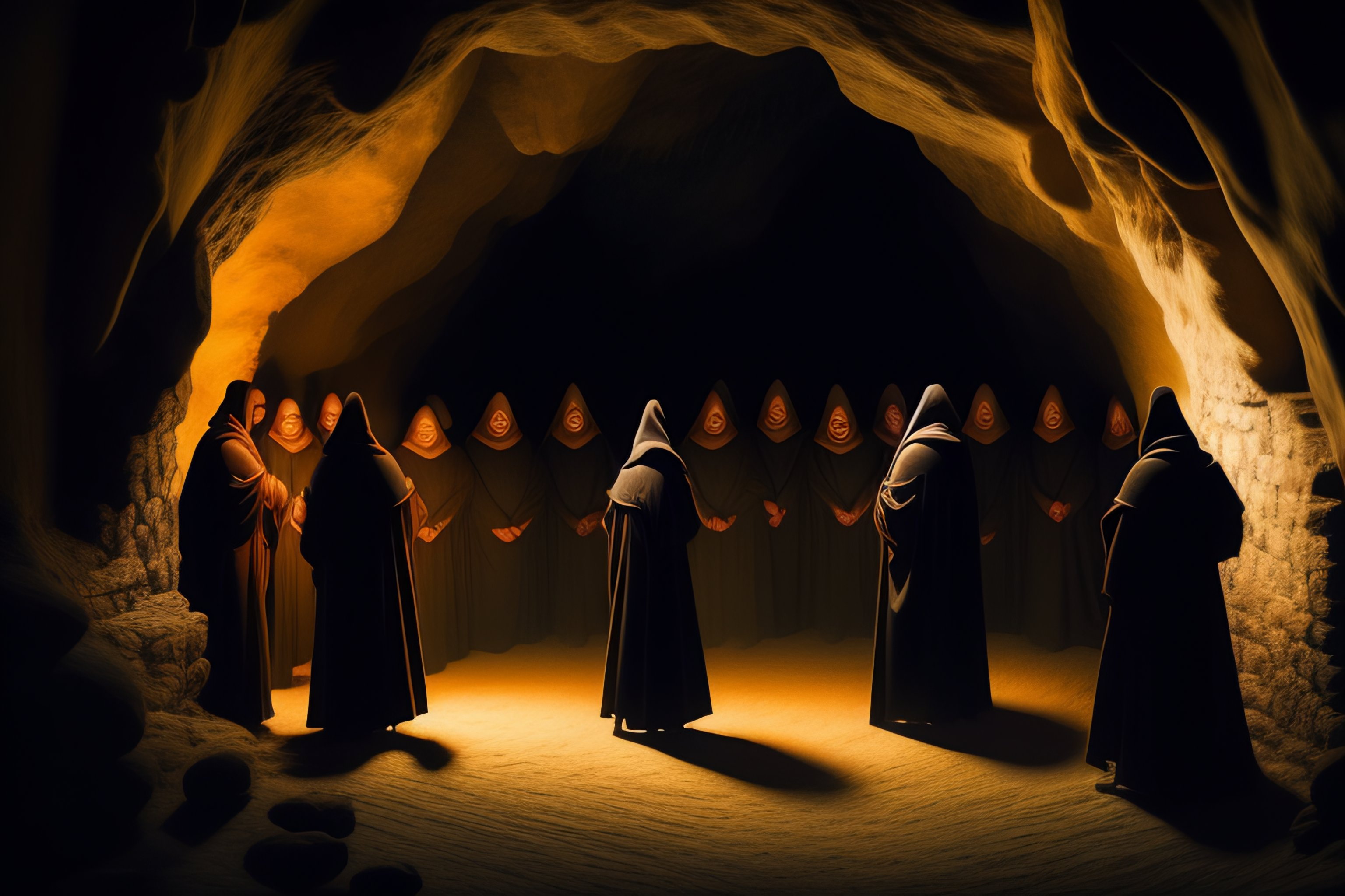 Lexica - Interior medieval cave, Group men in black robes, hoods, evil ...