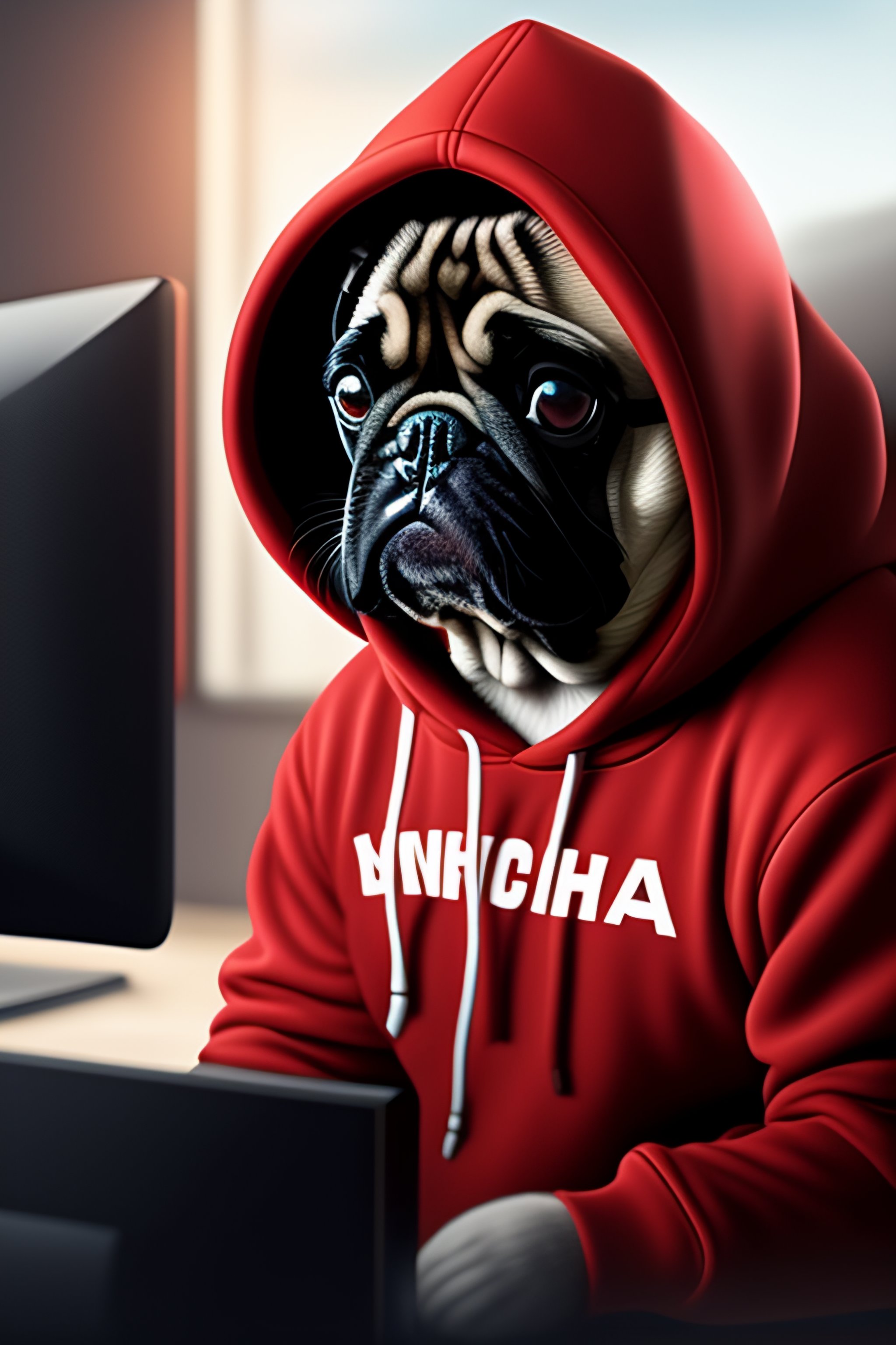 Lexica - A pug gamer in a hoodie, sitting by a gaming computer. Playing ...