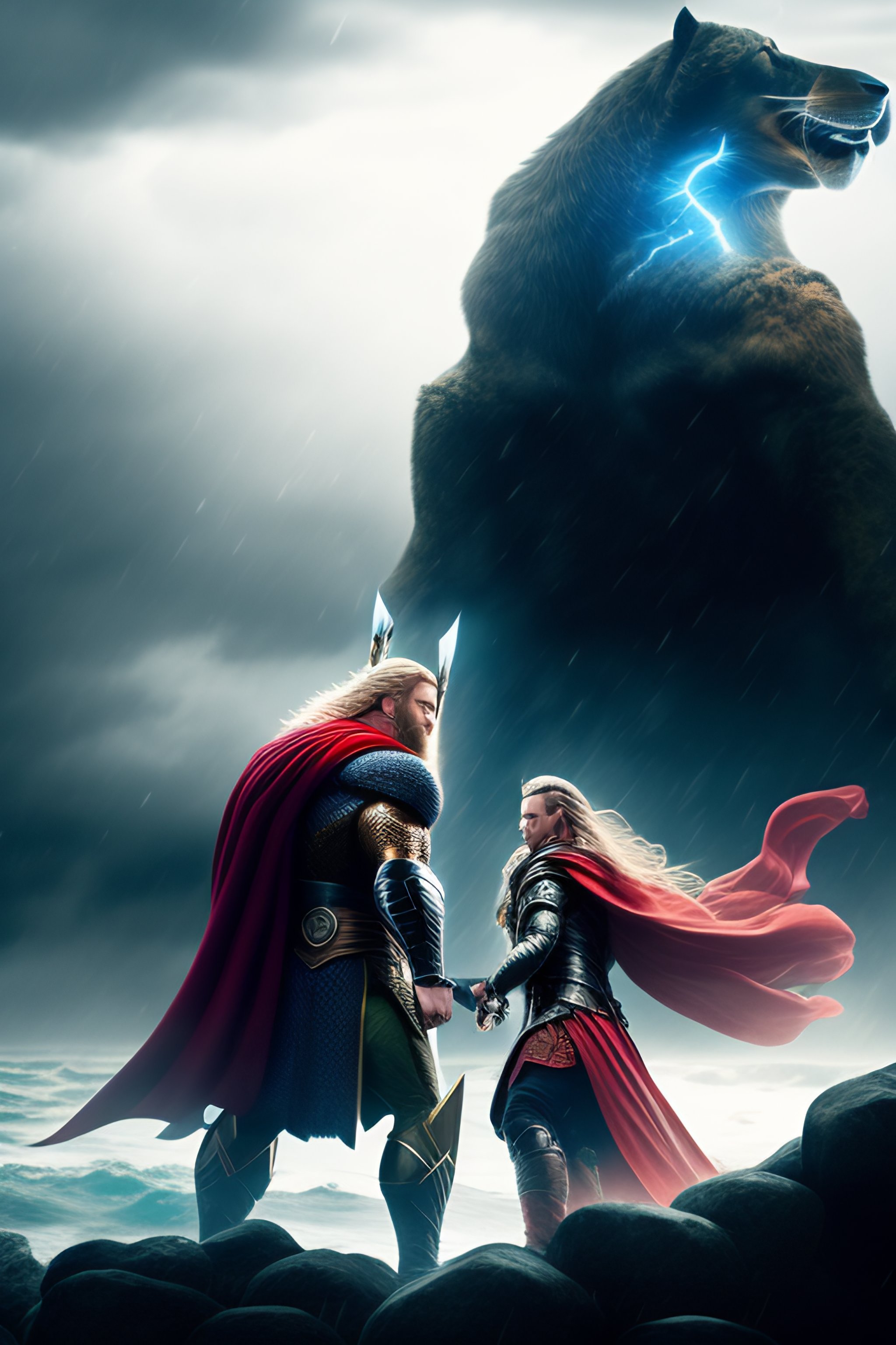Lexica - Thor battling Odin in Asgard, thunder and heavy rain in background