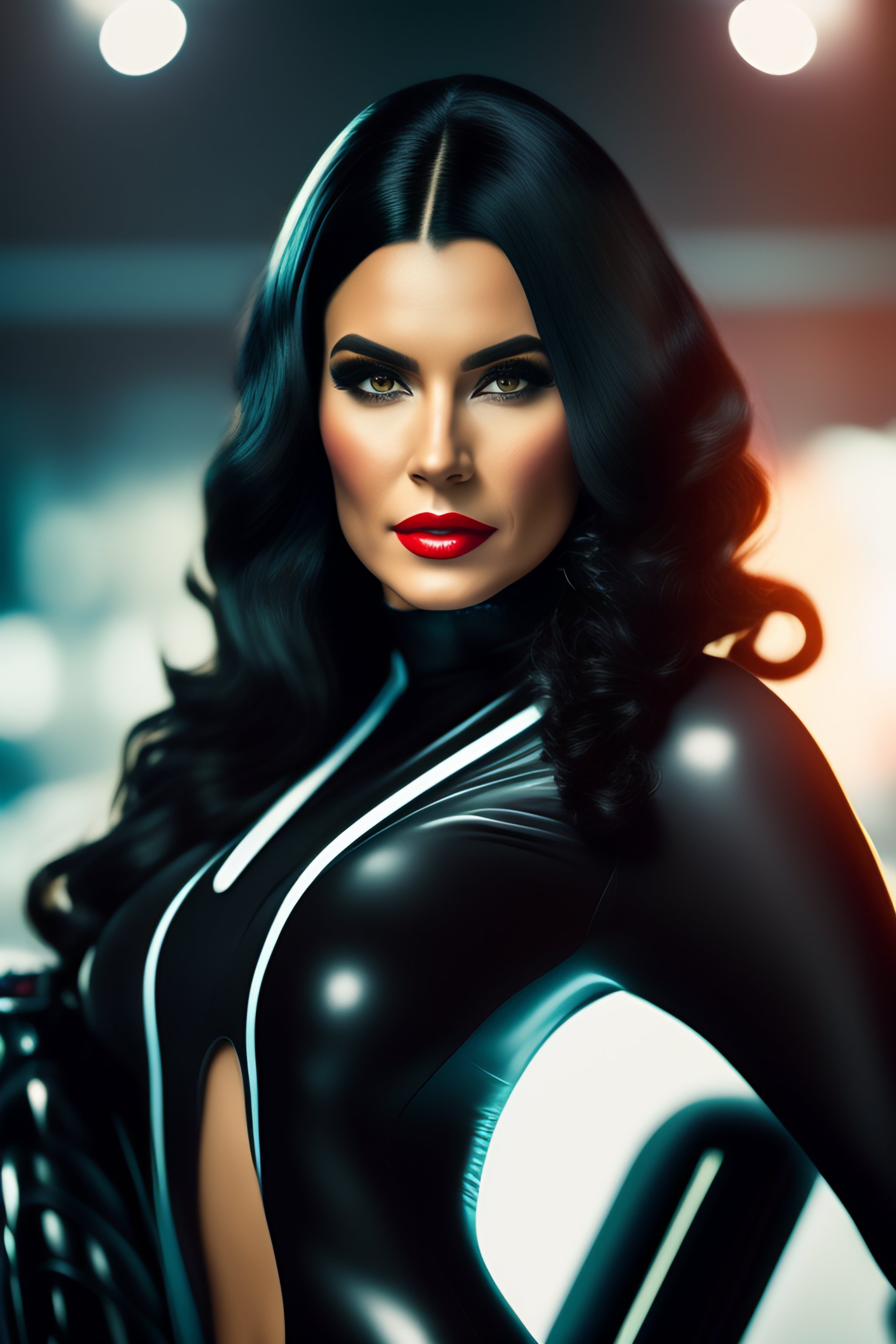 Lexica - Portrait of a woman with black hair, in latex suit, with big shapes, front of a bike