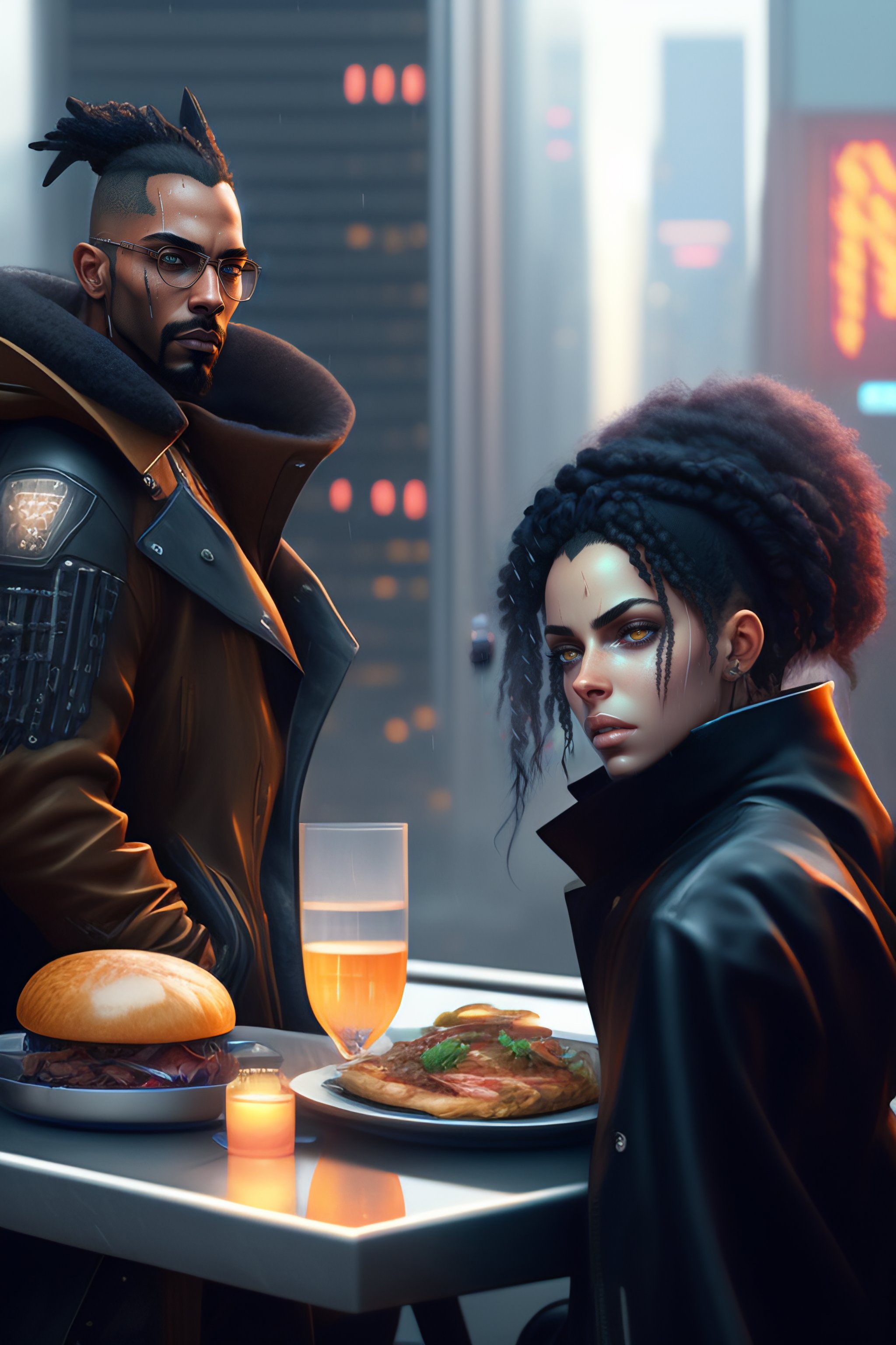 Lexica - A group of damaged cyberpunk cyborg, mixed race, eating boxes ...
