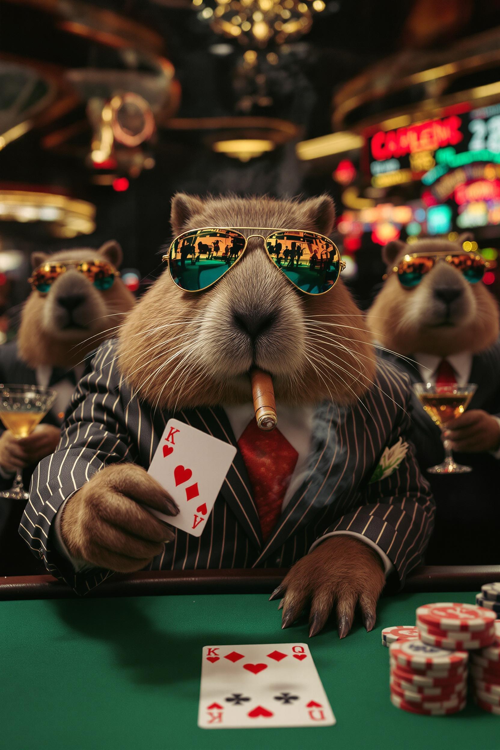 Lexica - Group of capybaras playing cards in a casino in Las Vegas photo
