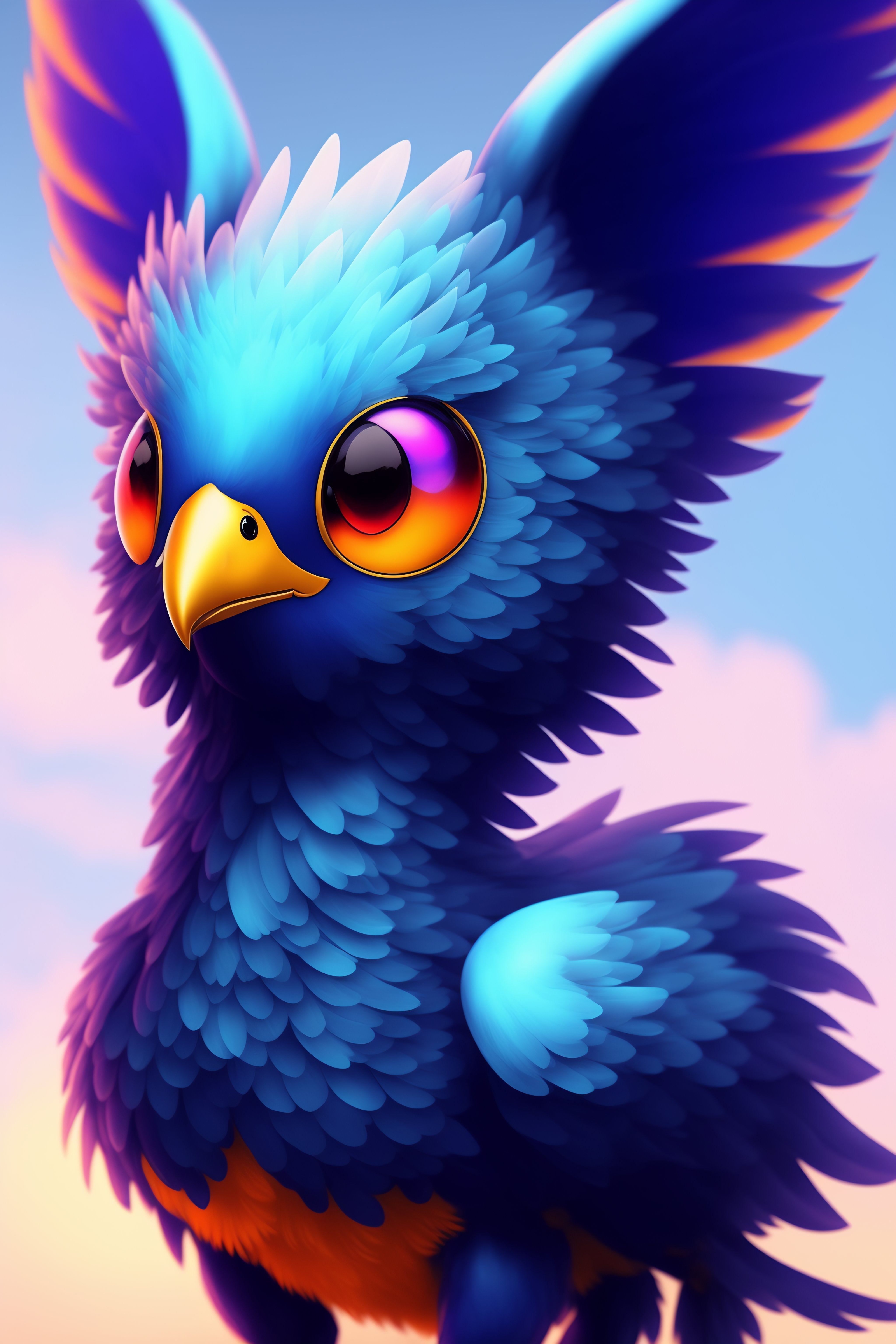 Lexica - A cute phoenix with big eyes and a black beak, it's feathers ...