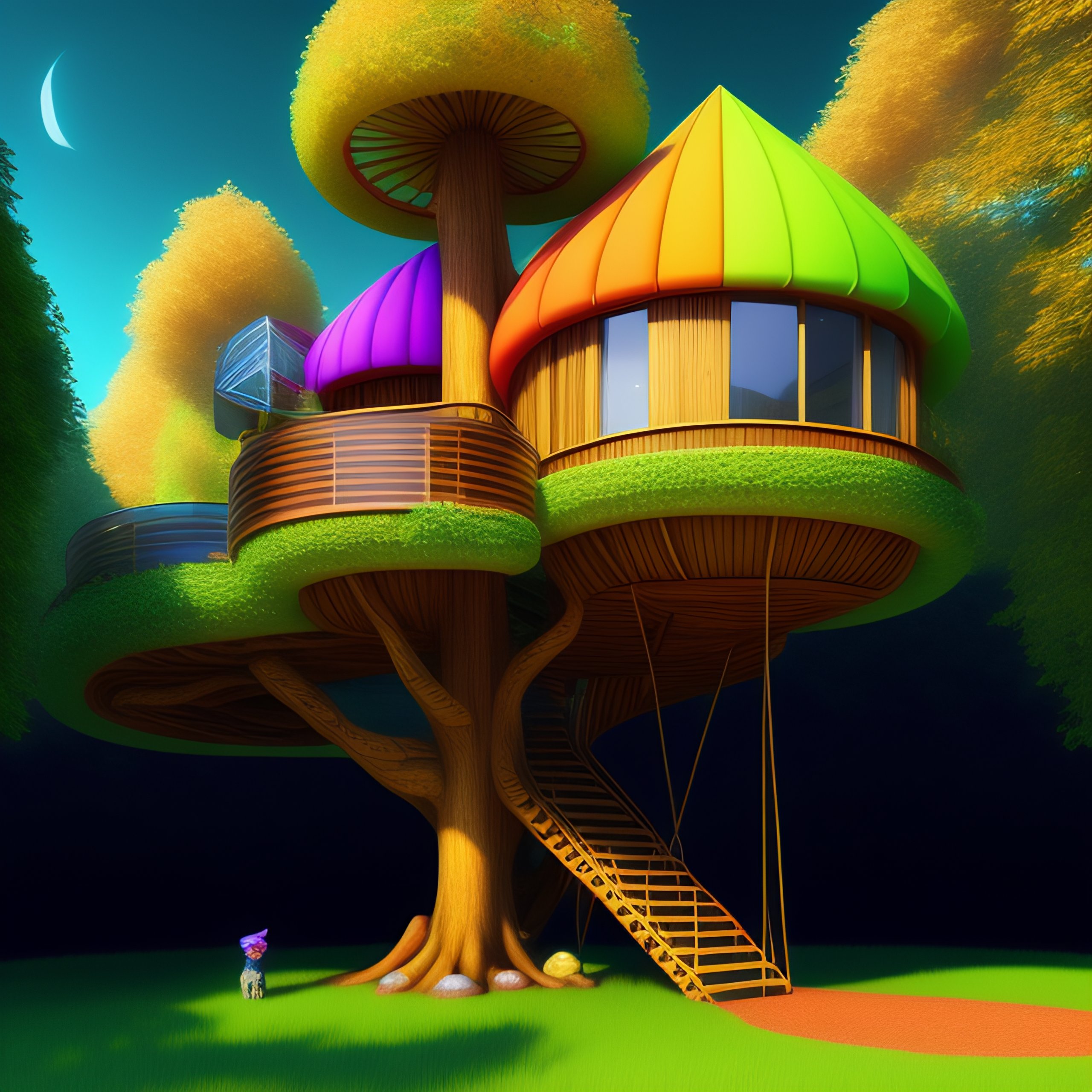 Lexica - A treehouse on a alien planet, bright, multi coloured,