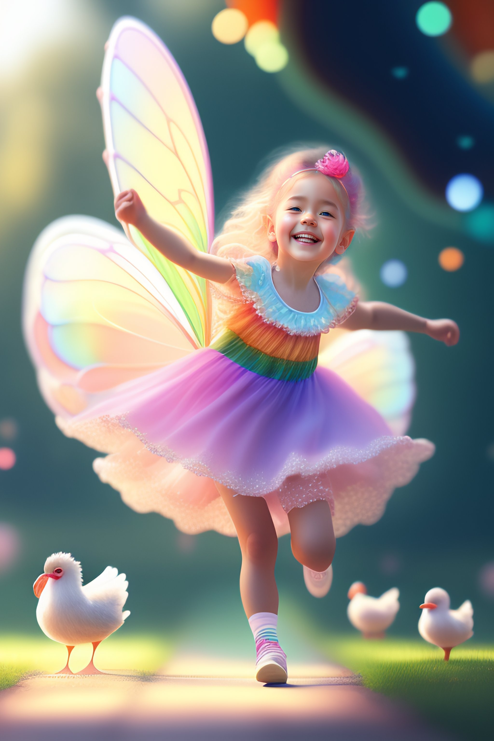 Lexica - A fairy wearing a rainbow tunic running away from a flock of ...