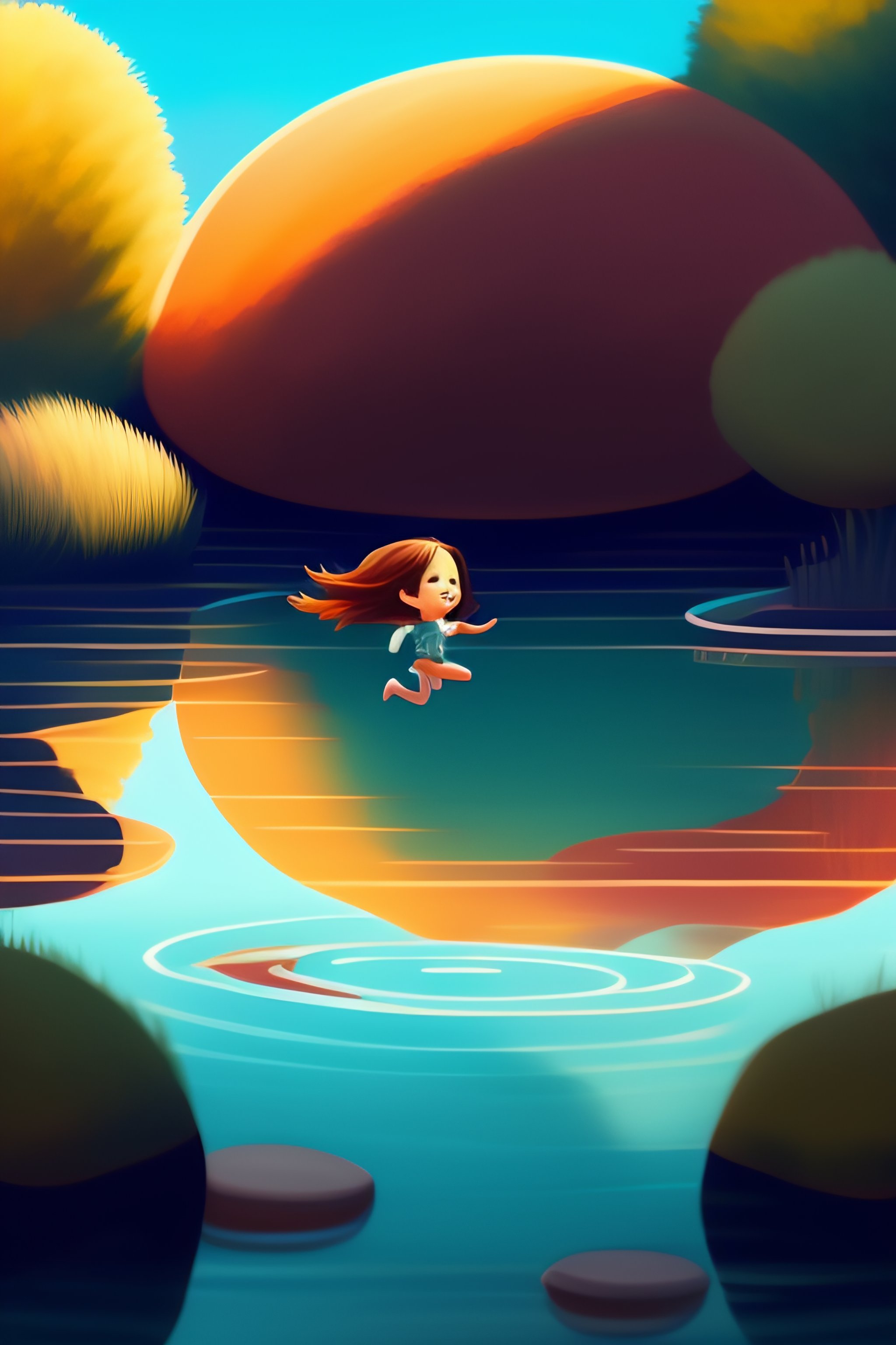 Lexica - View of gorgeous pond with same happy black girl jumping ...