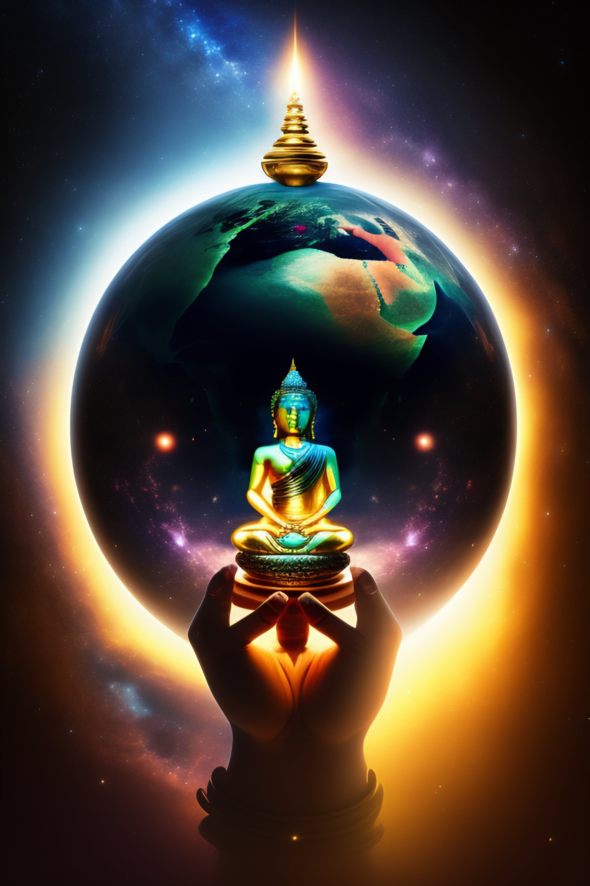 Lexica - Light Buddha mediates in the galaxy and holds the earth in his ...