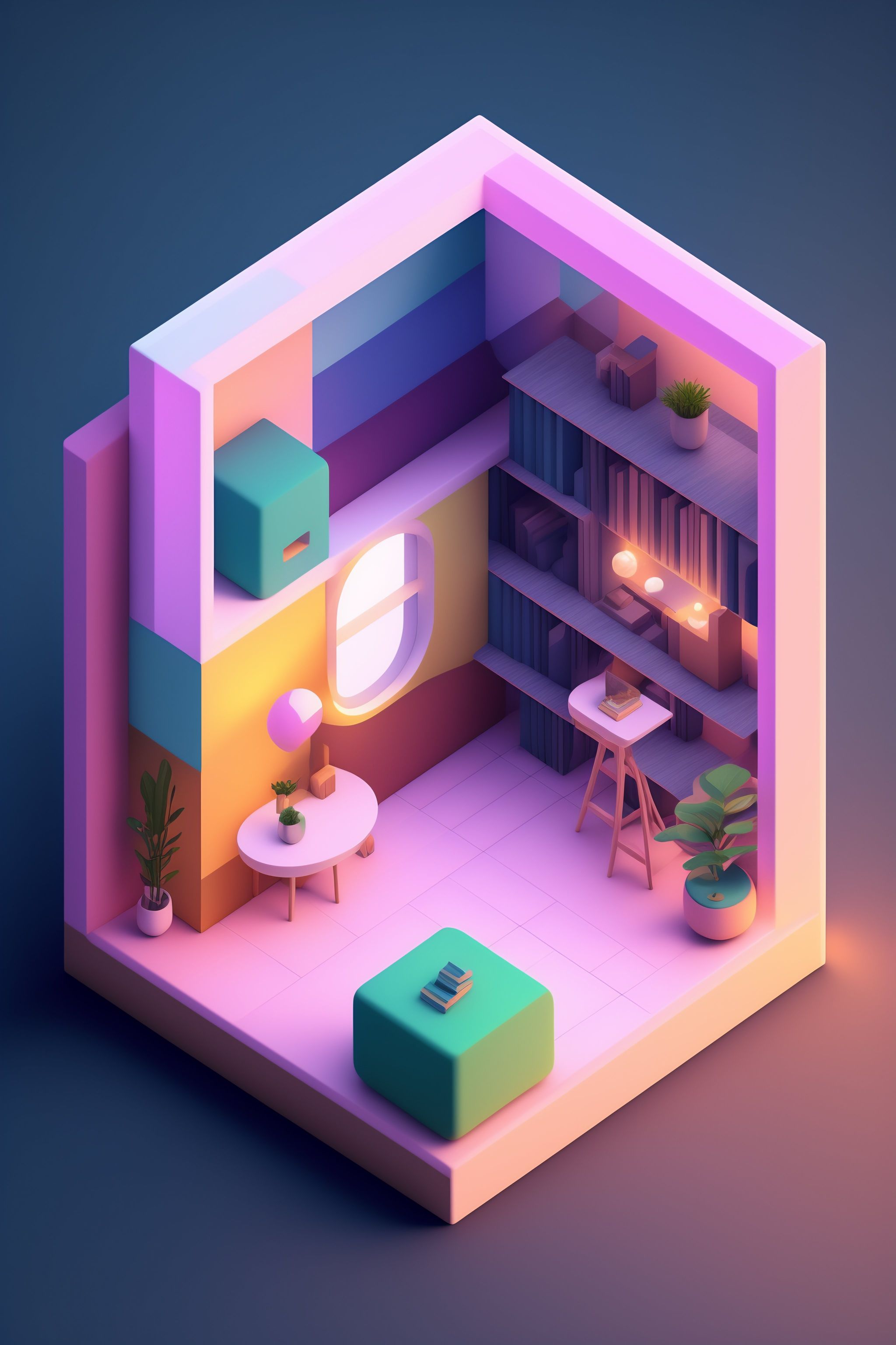 Lexica - Cube cutout of an isometric living room, 3d art, pastel colors ...