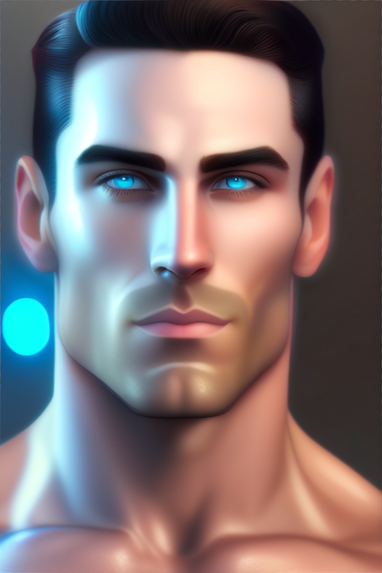 Lexica - A rugged, buff man with ice blue eyes and black hair, in his 30s