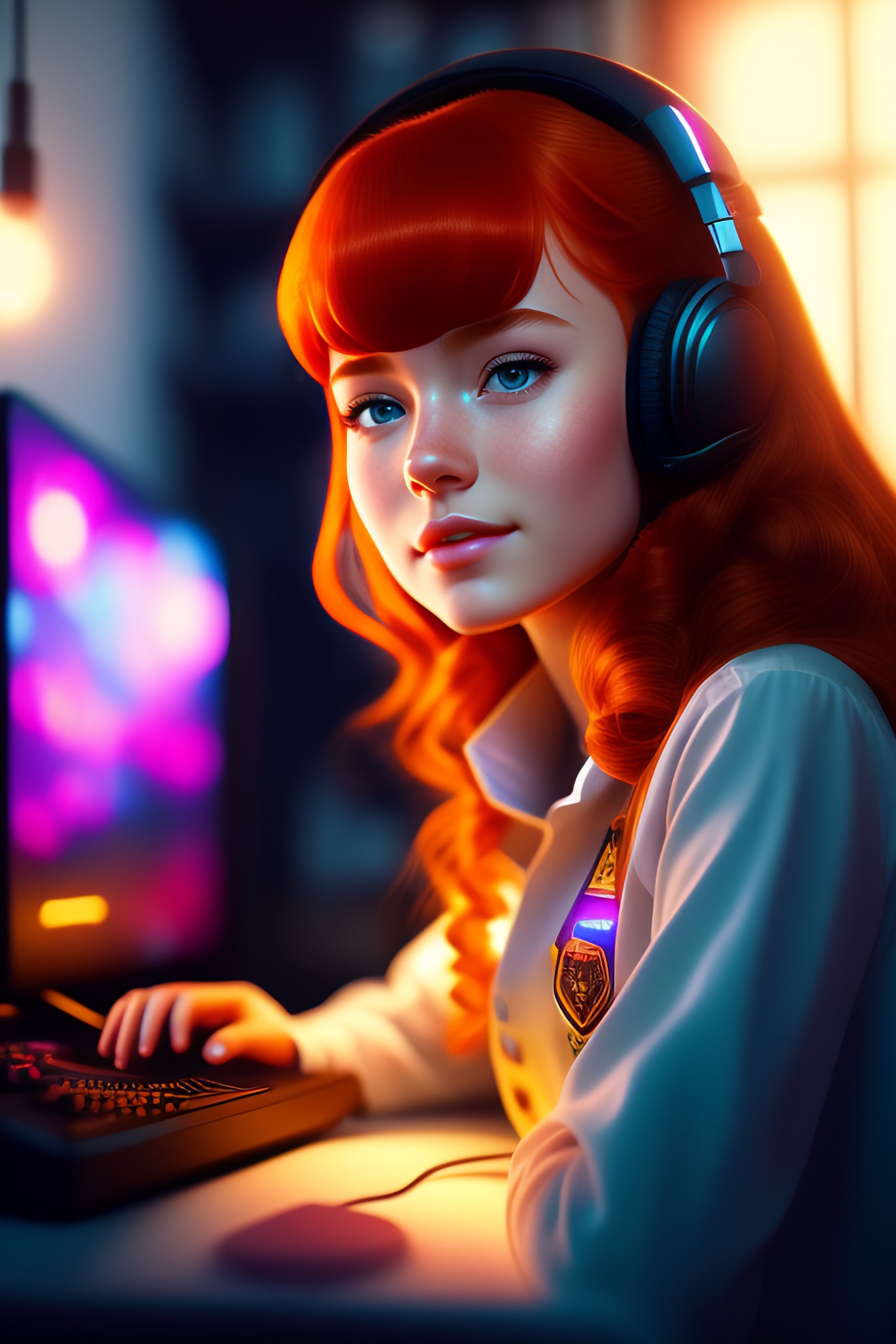 Lexica - Photo of cute young redhead girl gaming at her desk in bedroom ...