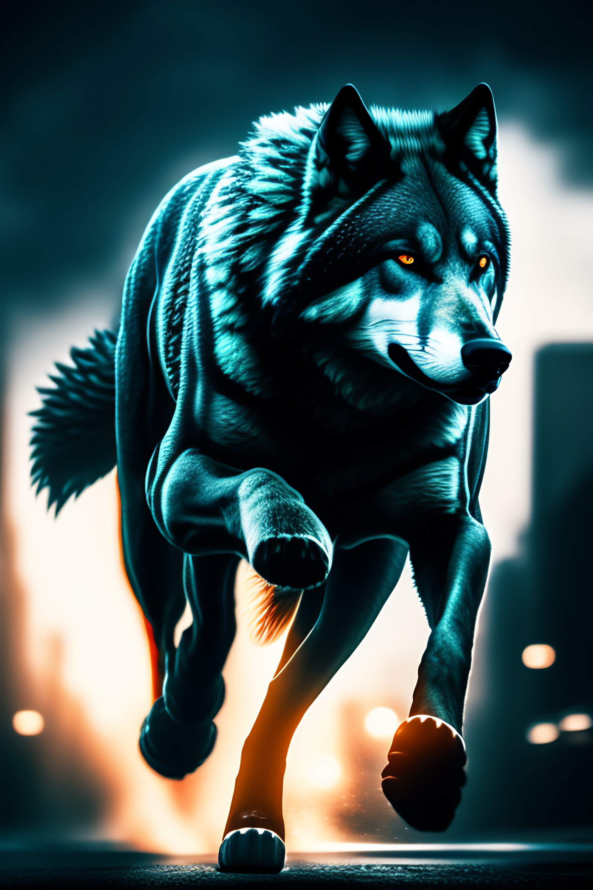 Lexica - Big wolf running in the streets, cyber punk, destroyed city ...