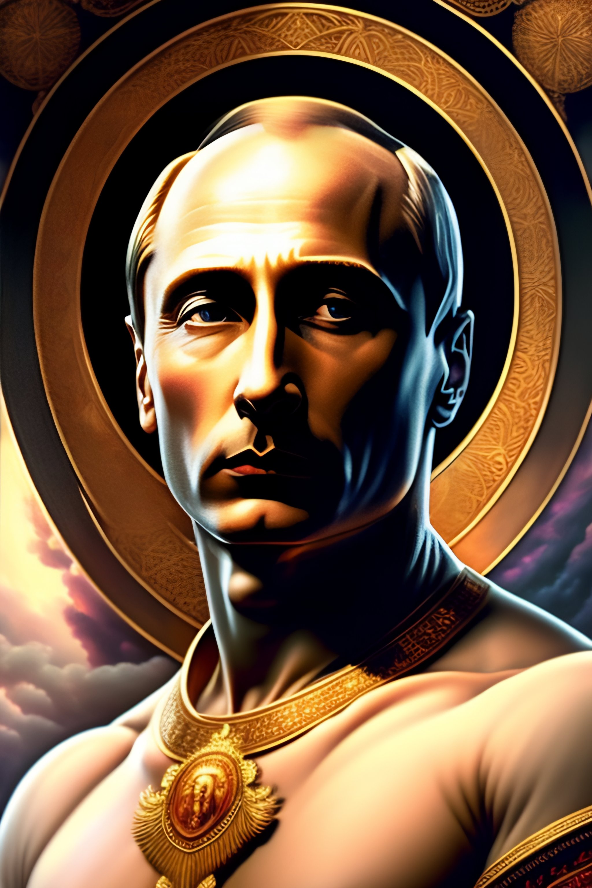 Lexica - Vladimir Putin as god, heaven, portrait, mucha