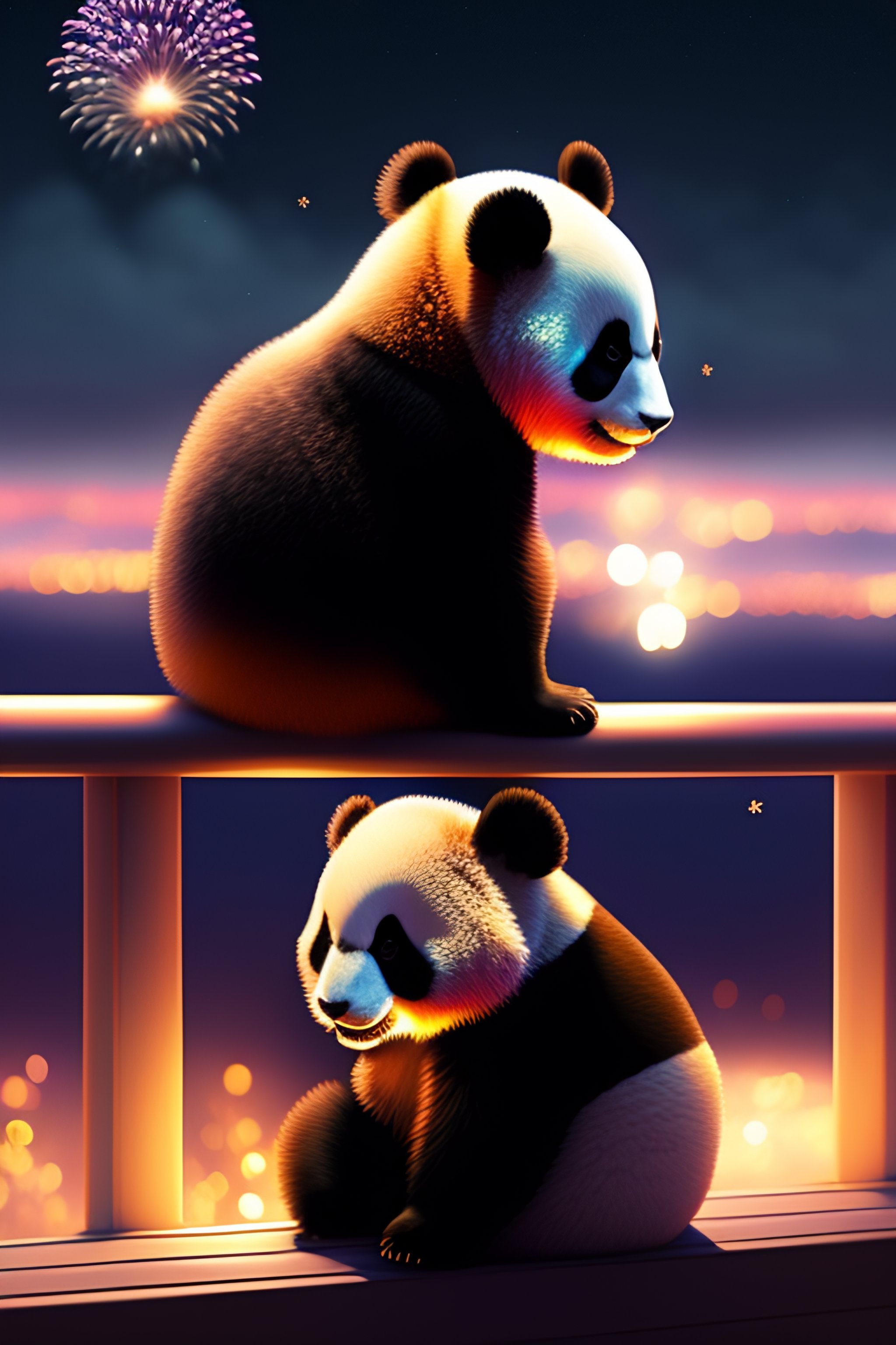 Lexica - Panda watching watching fireworks on a hill, digital art, by ...