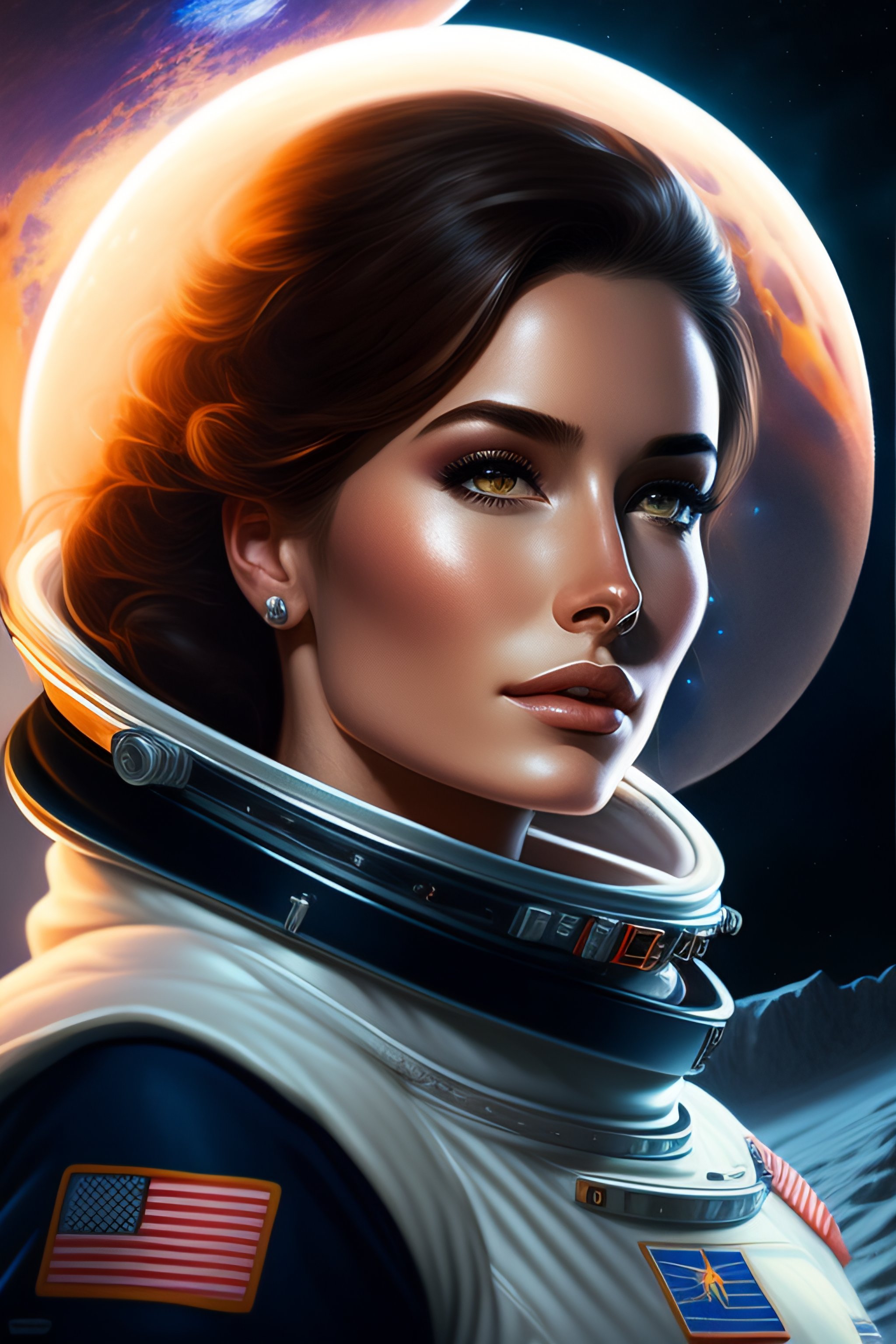 Lexica - Portrait of an astronaut brown hair on moon looking at earth ...