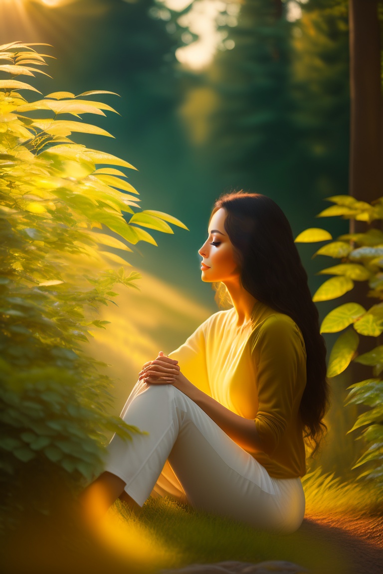 Lexica - The image captures a person sitting in a serene natural setting, surrounded by lush ...