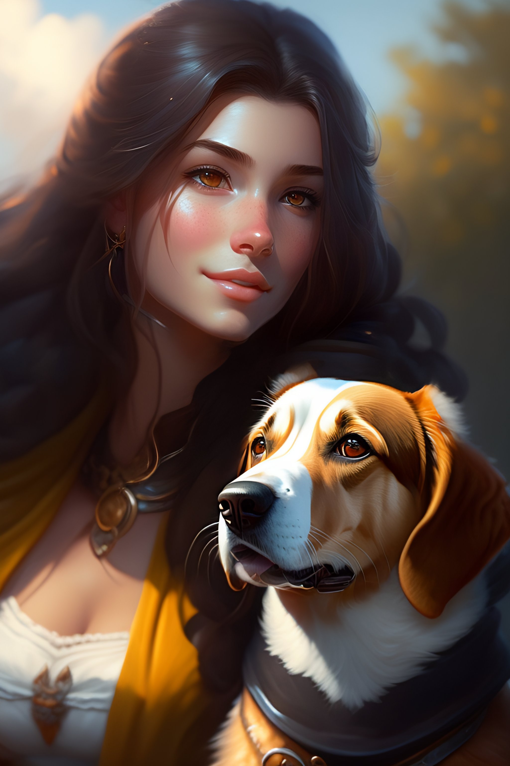 Lexica - A detailed picture of a cute calm girl flirting with dog ...