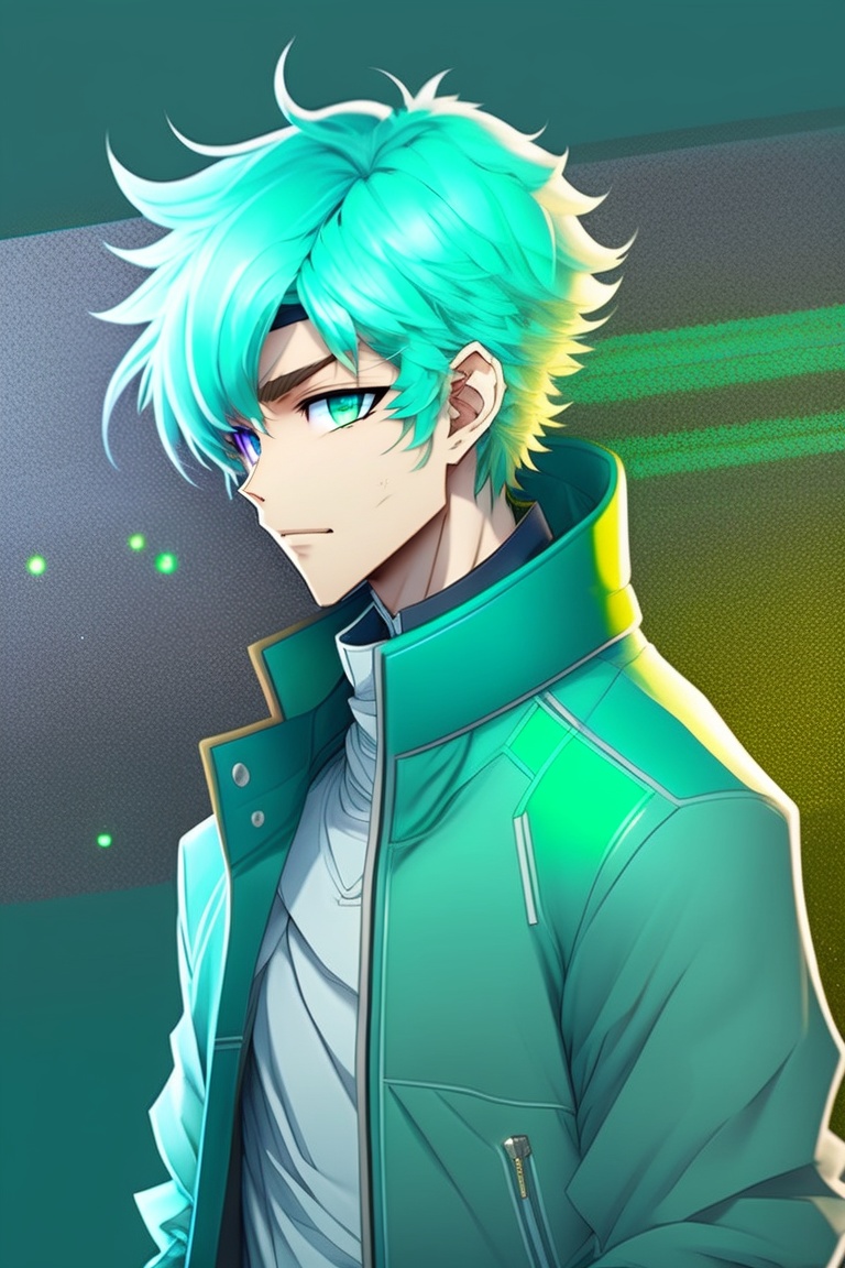 Lexica - Anime boy with green hairs and sparkling cyan eyes with a ...