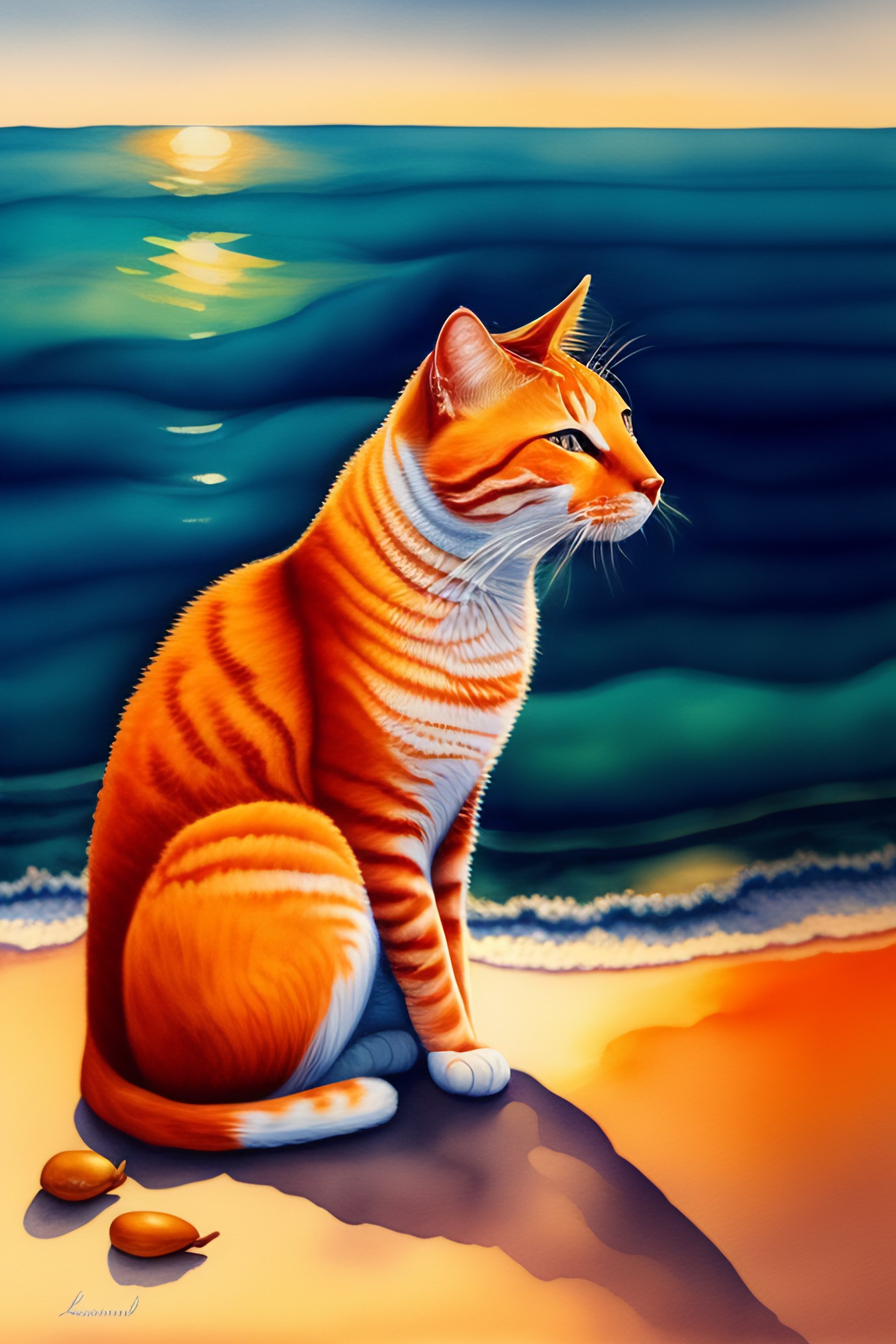 Lexica - A orange cat at the sea, cozy, watercolor on paper by ANNA LEA ...