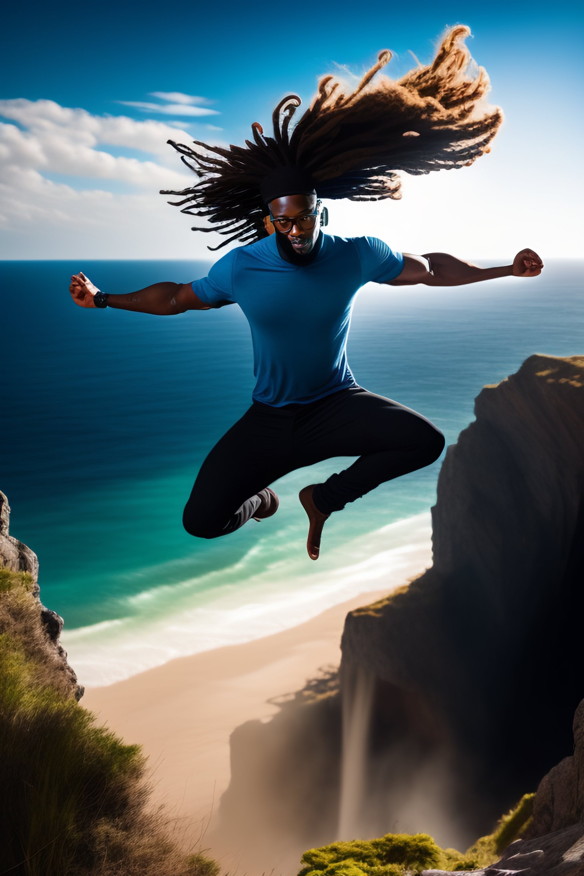Lexica - BLACK MAN WITH DREADLOCKS FALLING OF A CLIFF SURROUNDED BY DJEMBES