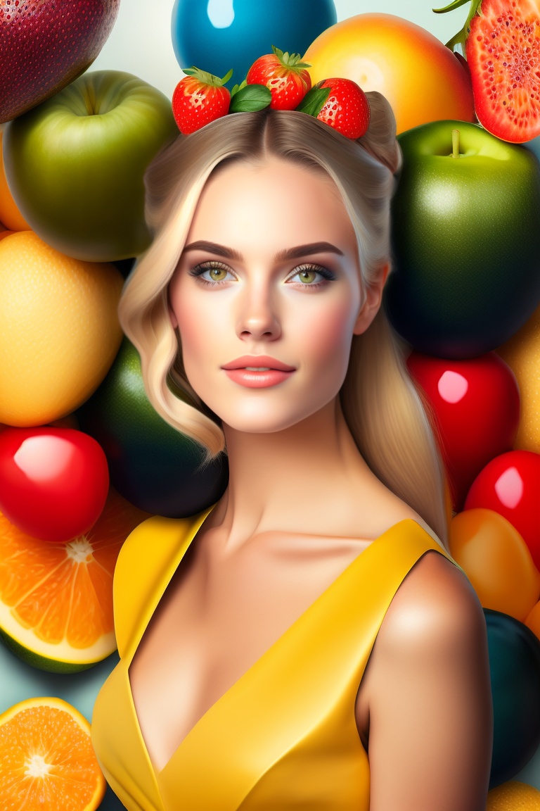 Lexica - White girl model with fruits in hair, expressive look, on a ...