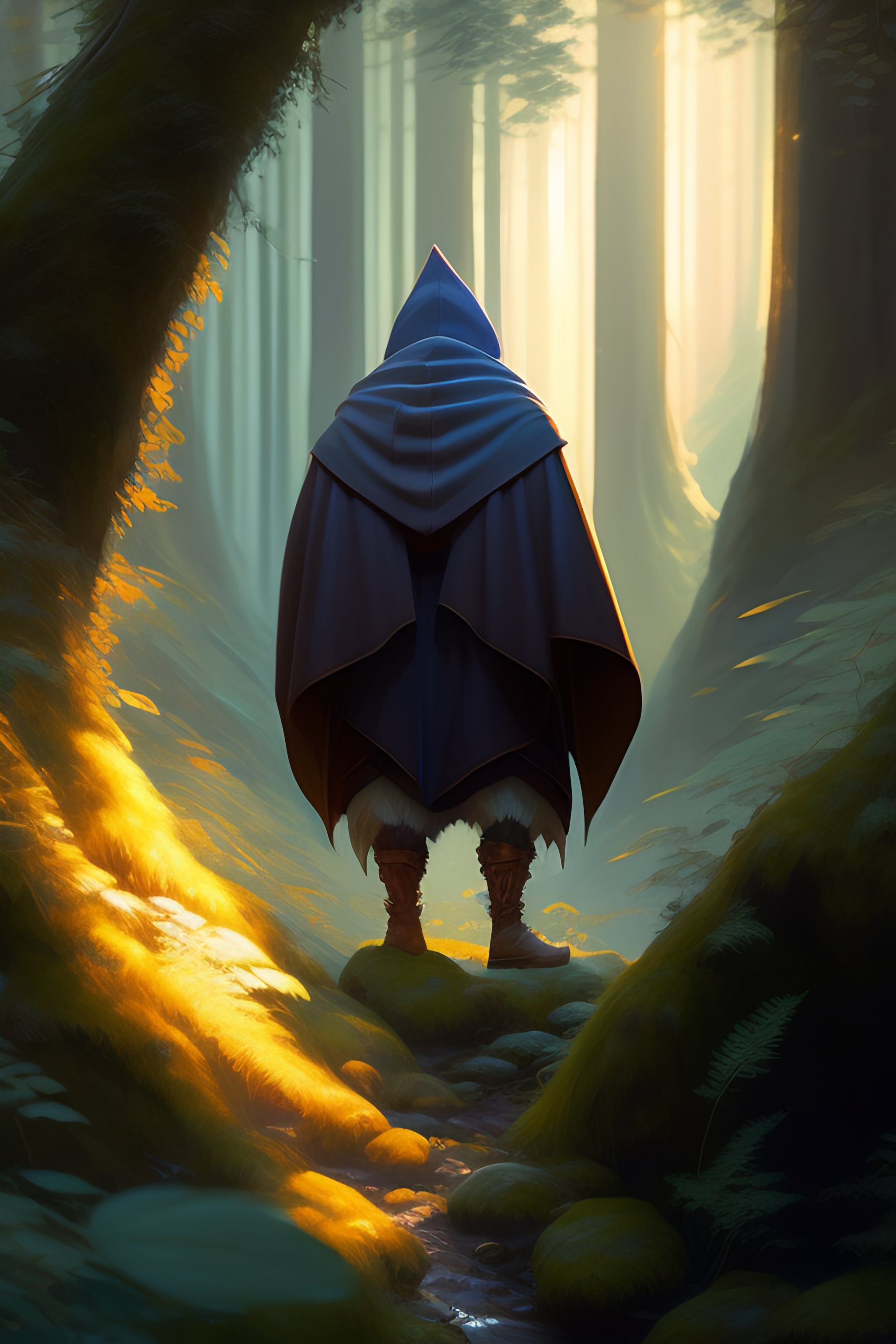 Lexica - Goblin wearing a brown hooded cloak in a forest, stephen bliss ...