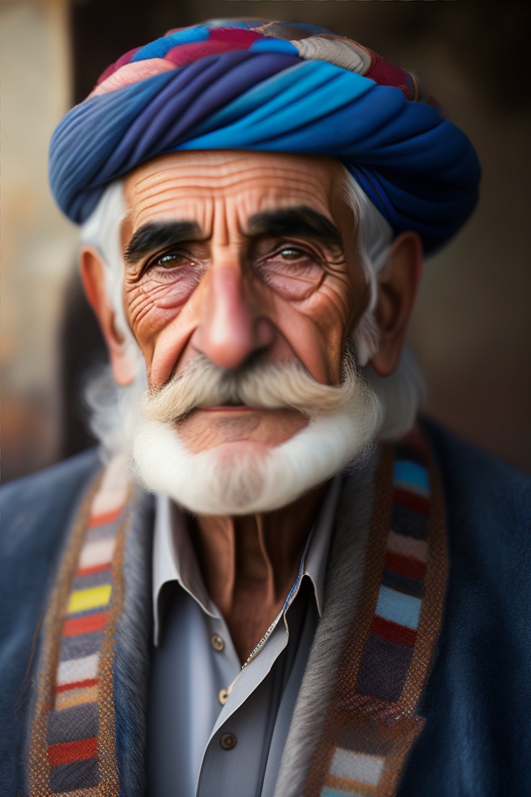 Lexica - An old Kurdish man, with a colored pooch on his head, a ...