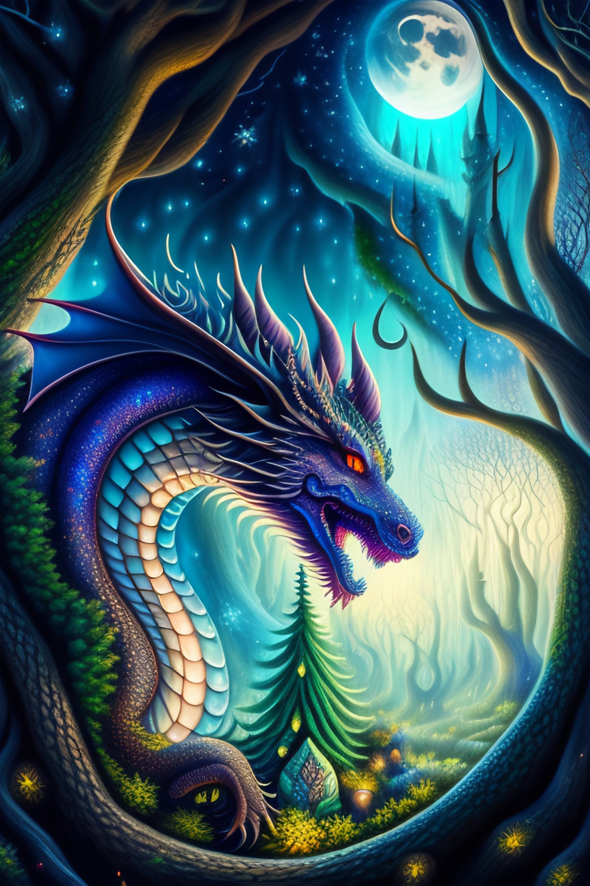 Lexica - Whimsical super-detailed surreal dragon with intricate mystical magical forest ...