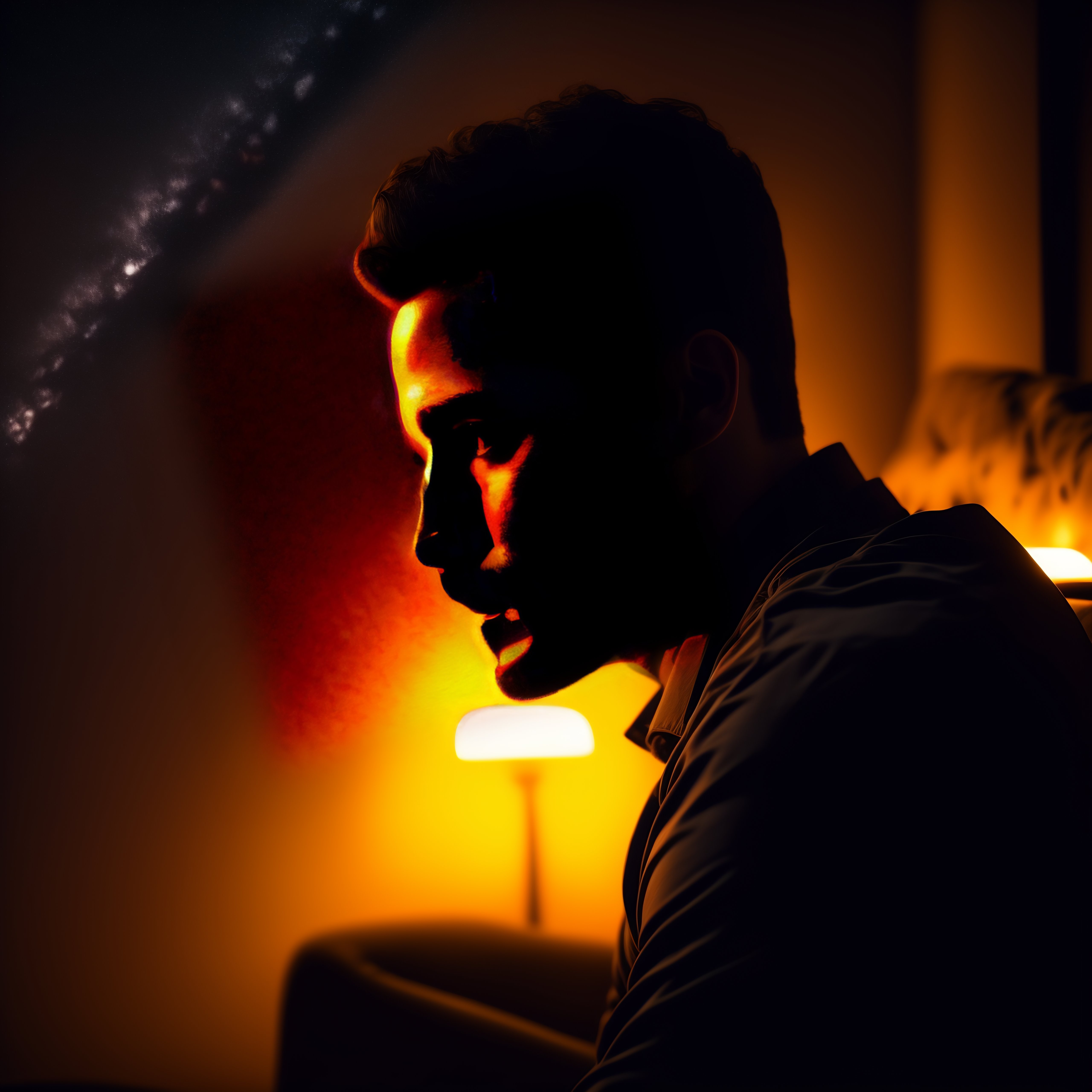 Lexica - A man sitting on a couch in a dark room with pitch-black background