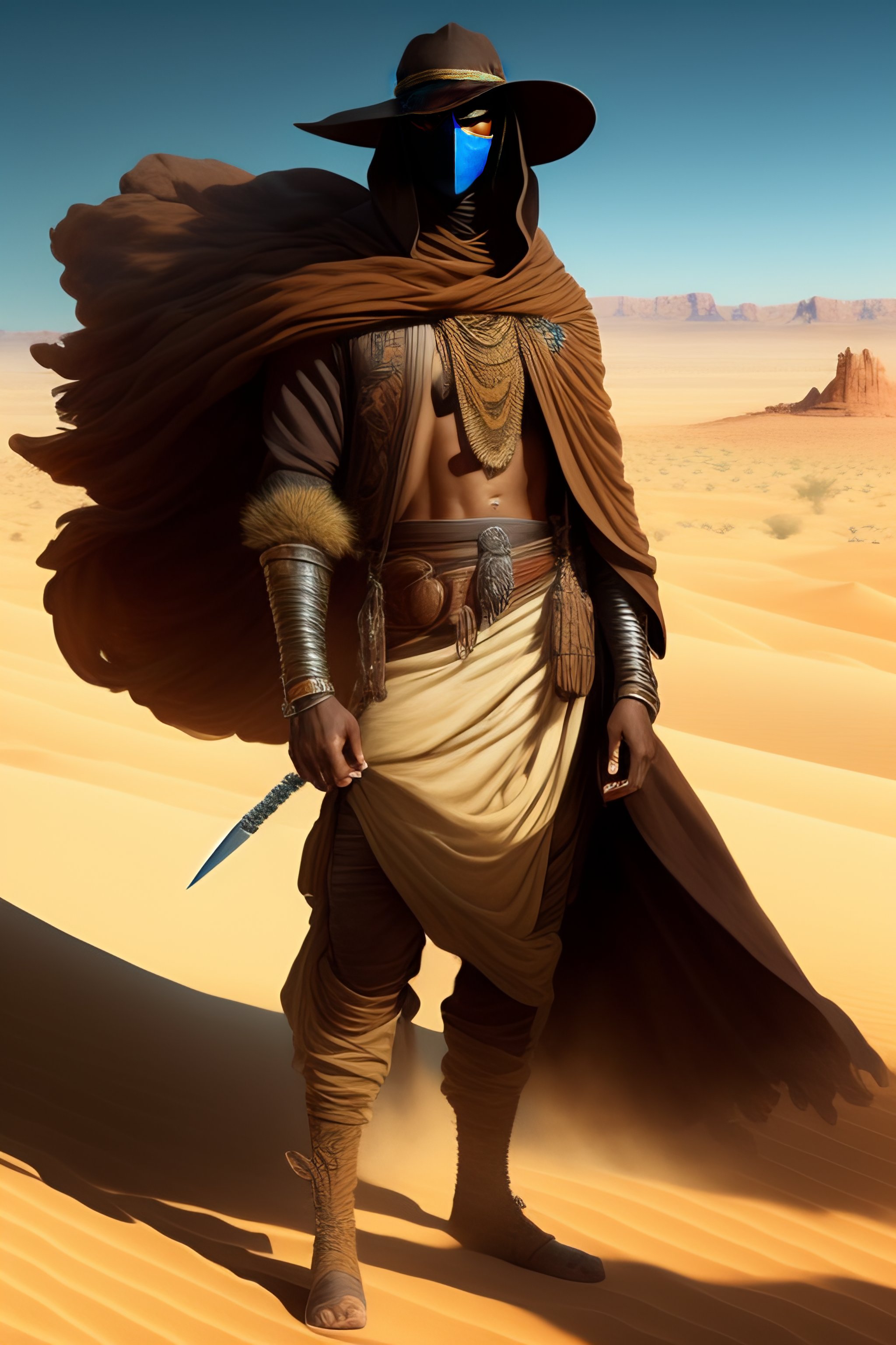 Lexica - A drawing of a masked man in dusty clothes with a sharp look ...