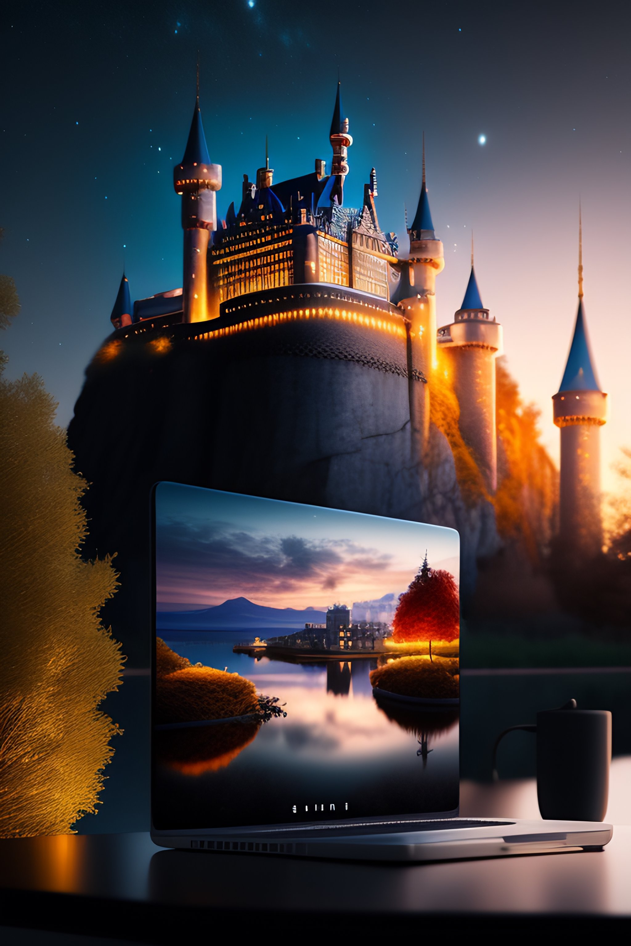 Lexica - Shiny clear laptop in front of a castle, 8k, highly detailed ...