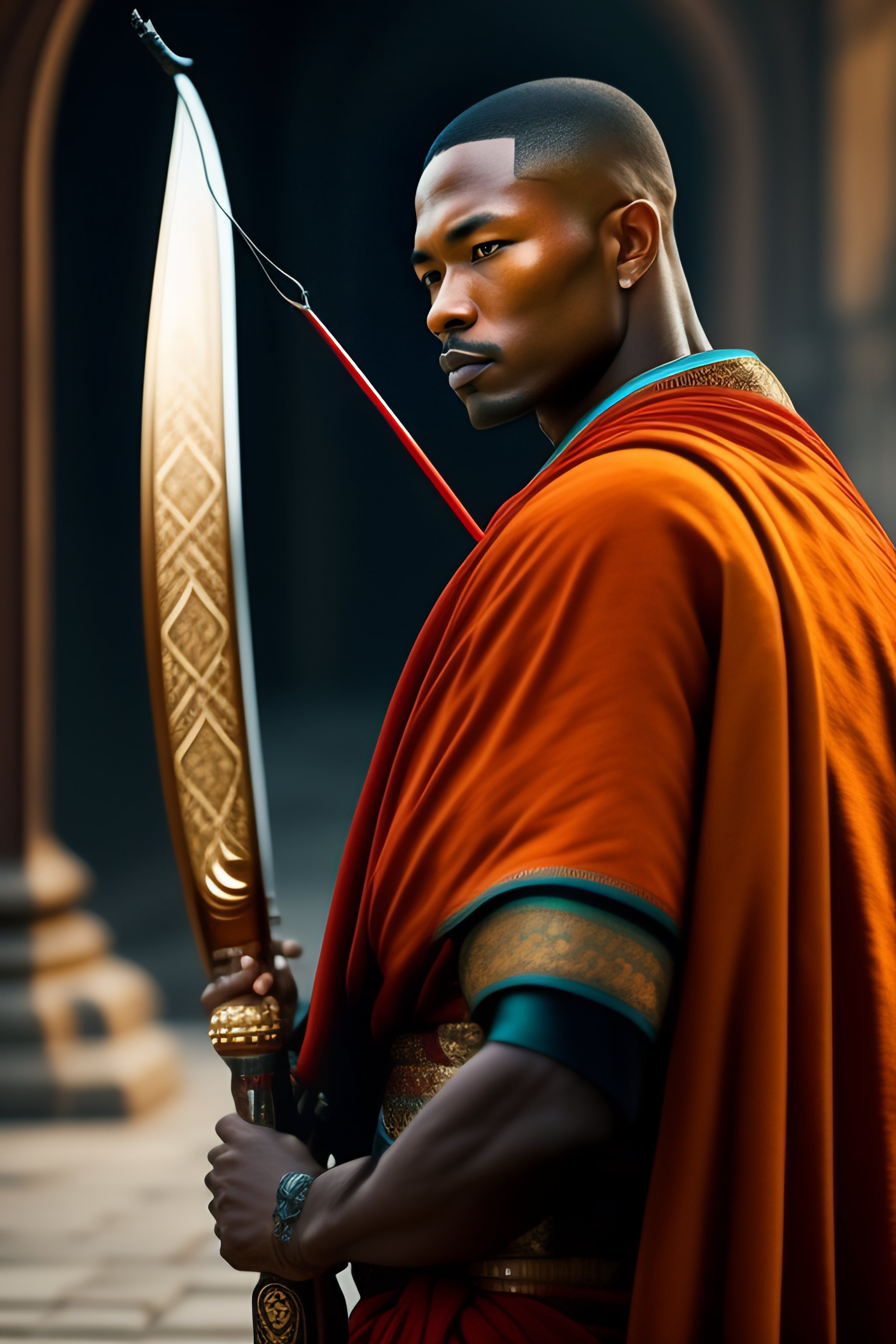 Lexica - Portrait of a monk with bulletproof holding a bow and arrow