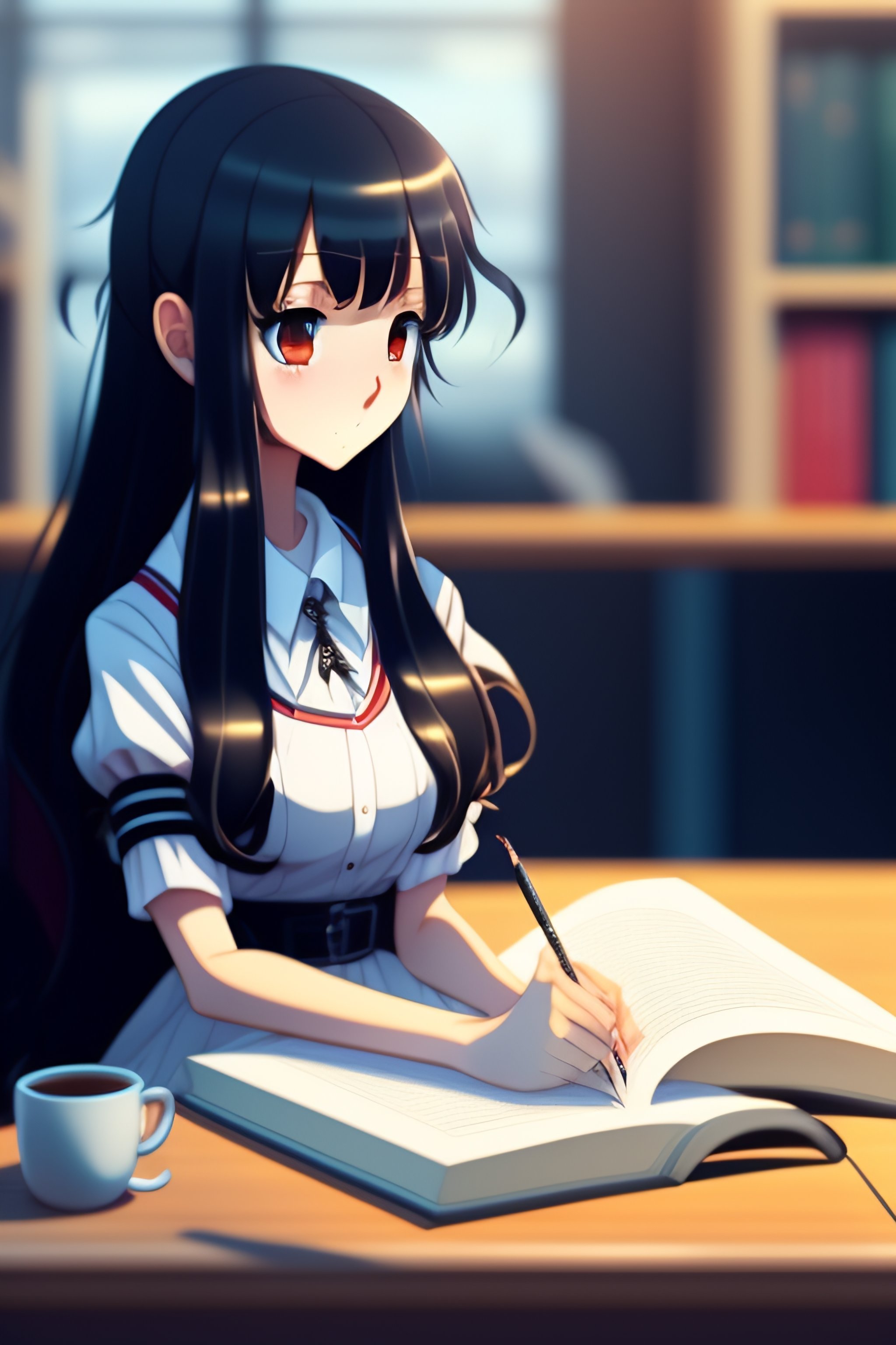 Lexica - An anime girl sits at a desk, surrounded by books and notes ...
