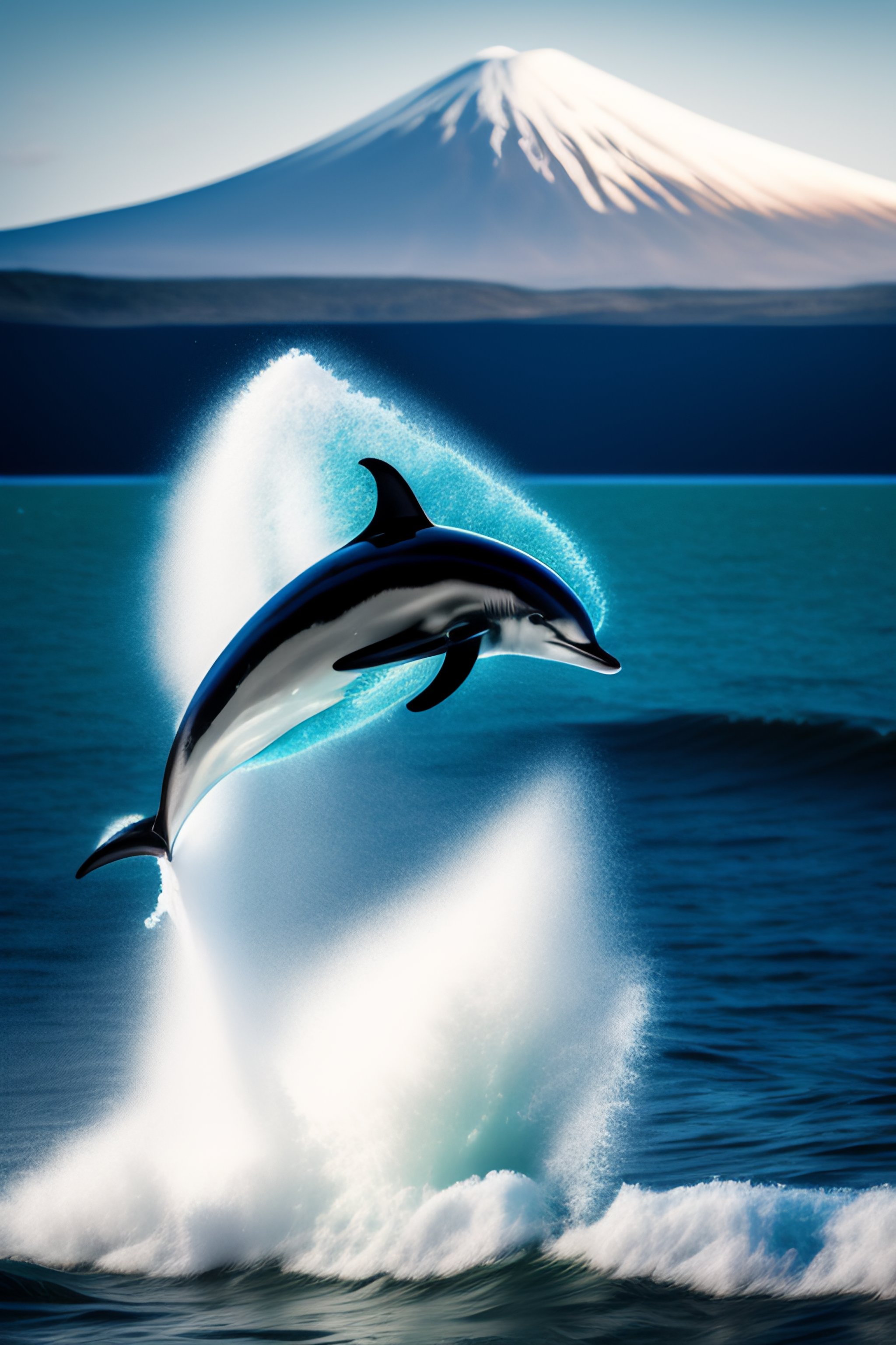 Lexica - Dolphin jumping out of the water with a volcano in the background