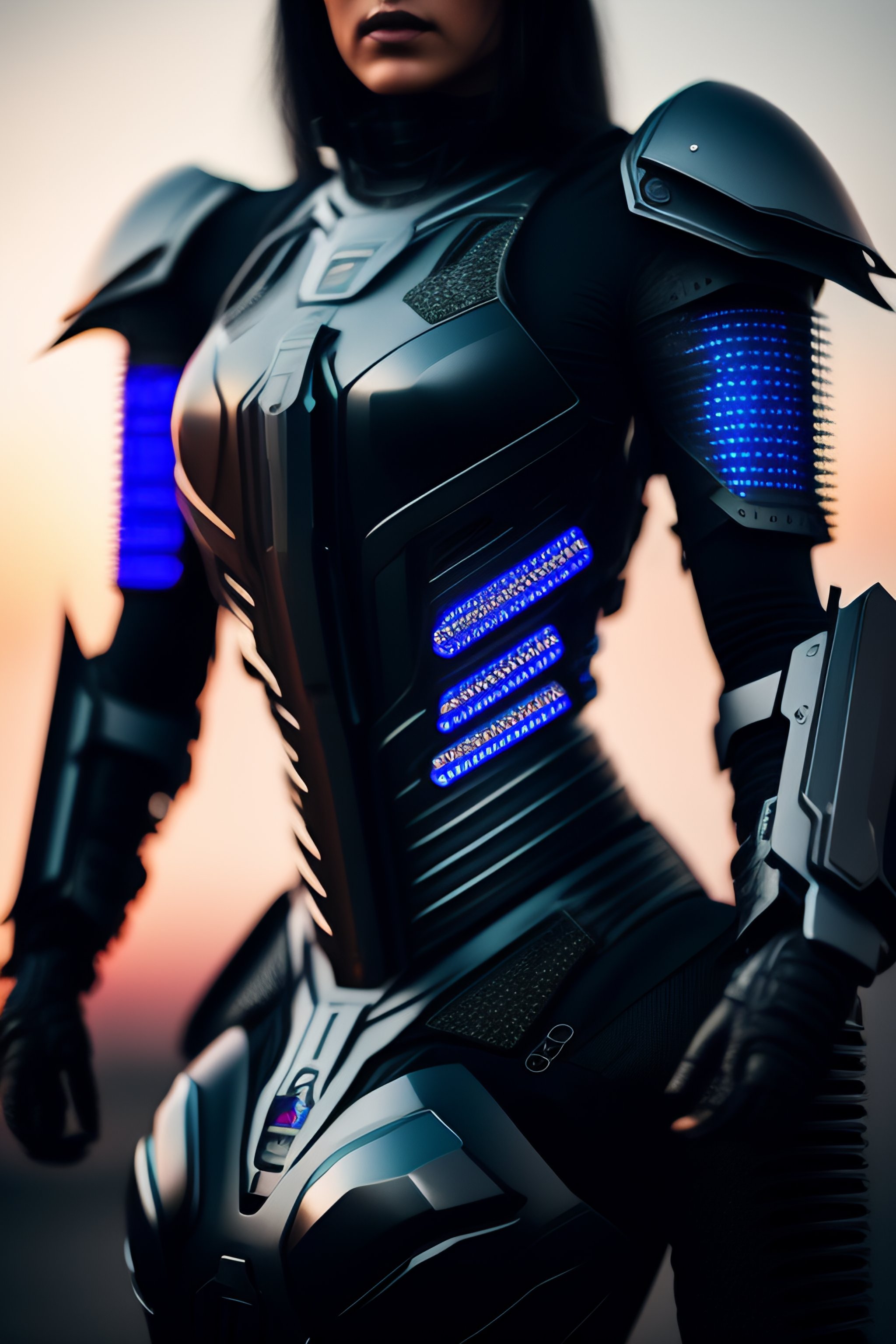 Lexica - A photograph of a cyberpunk armour made of black titanium and ...
