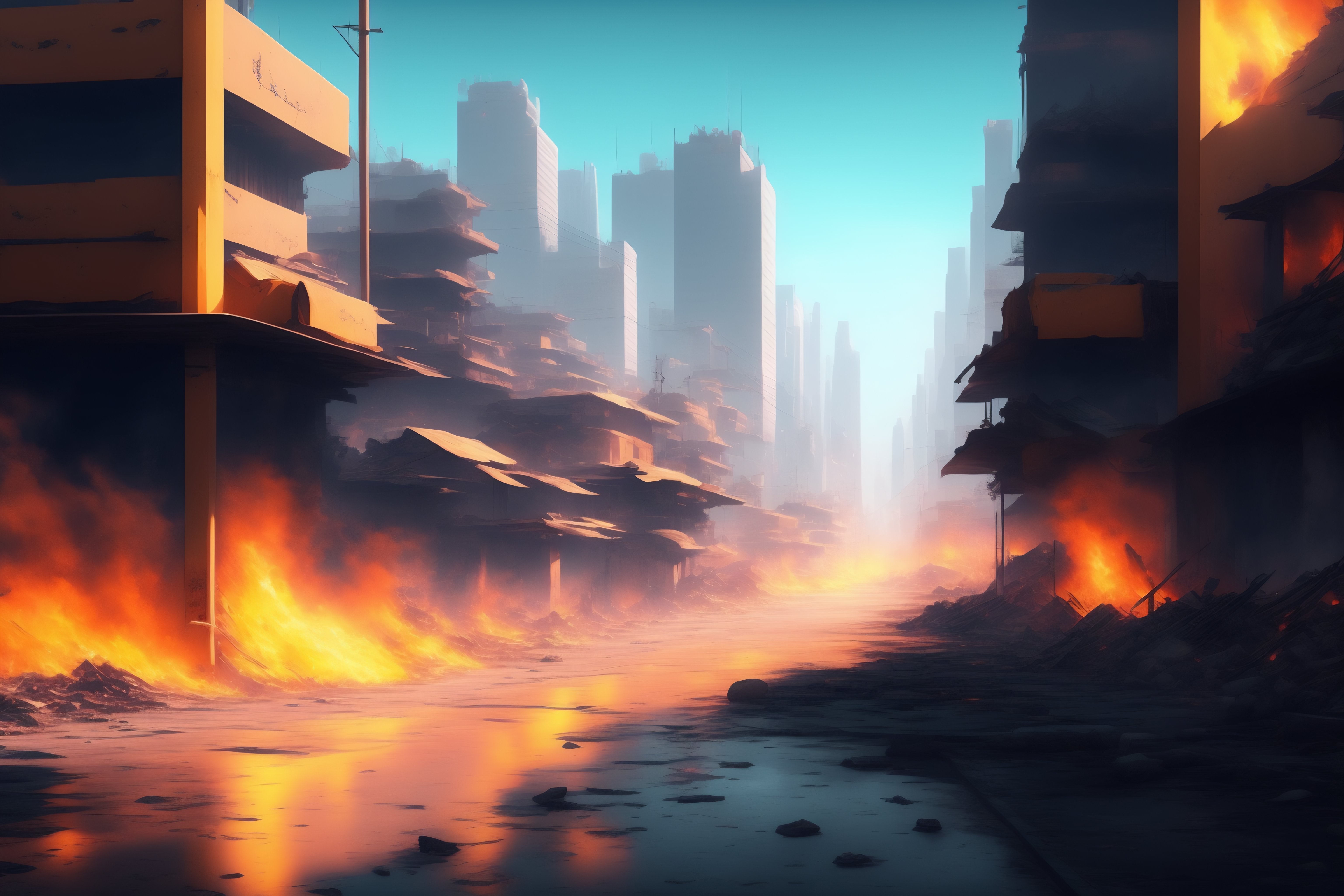 Lexica - A city that's on fire with broken buildings and rubble on the ...