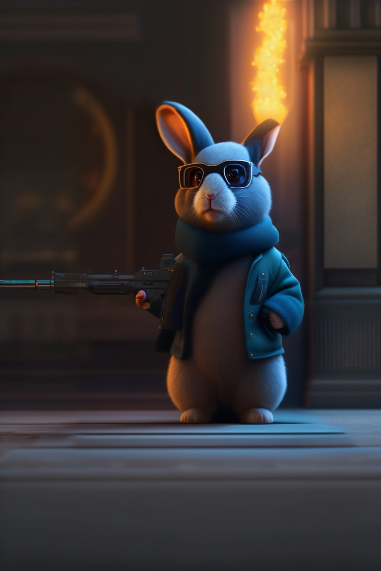 Lexica - Plush rabbit with gun and sunglasses in front of bank robbing ...