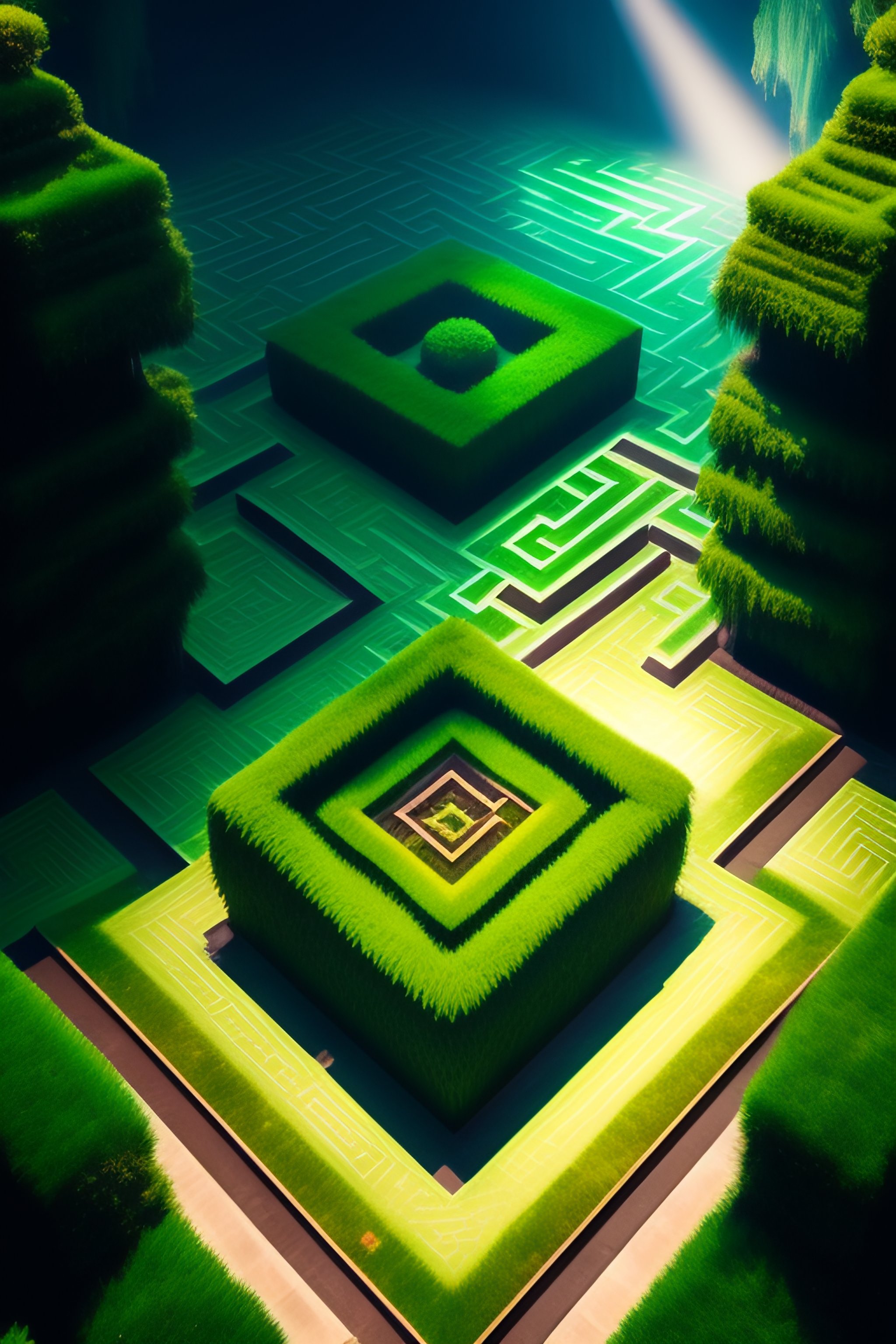 Lexica - Lost in a emerald maze,labyrinth from above, huge jade golem in the center, with a ...