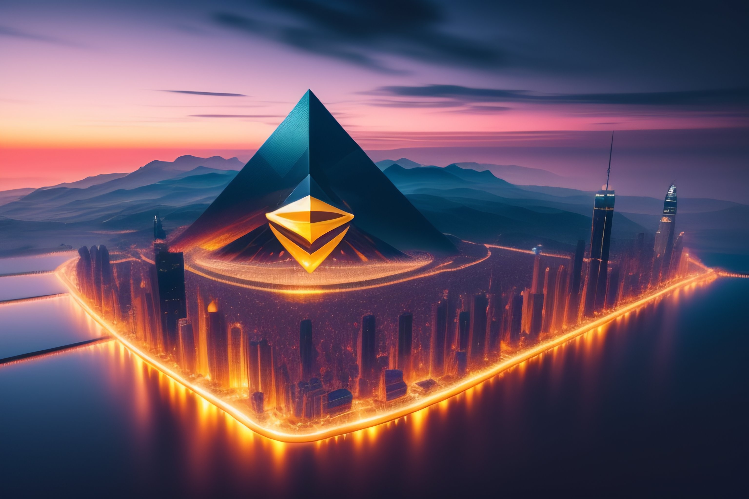 Lexica - Ethereum logo in a virtual futuristic city with buildings and ...